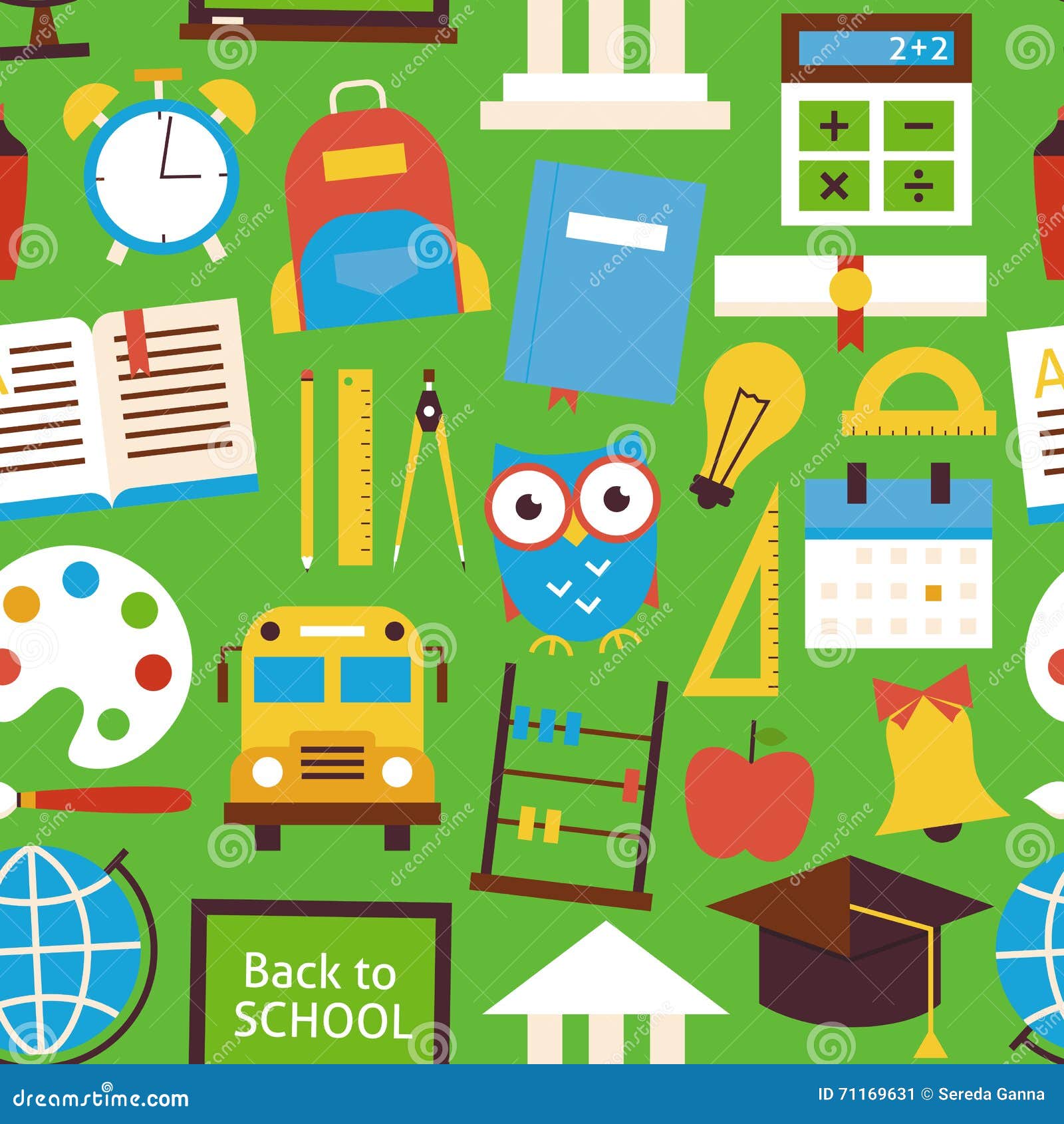 Flat Seamless Pattern Back To School Objects Over Green Stock Vector ...