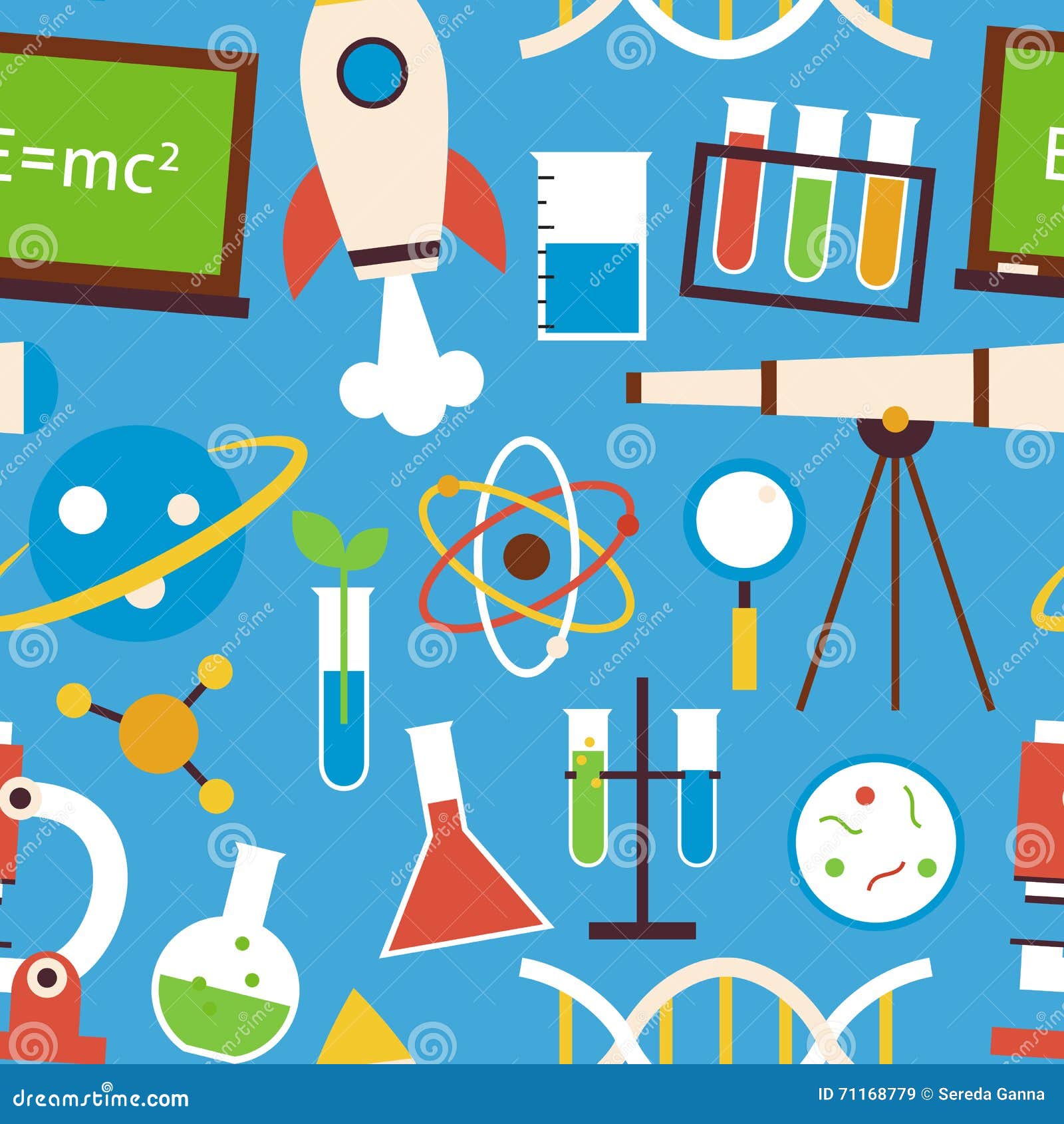 Flat Seamless Pattern Science and Education Objects Over Blue Stock ...