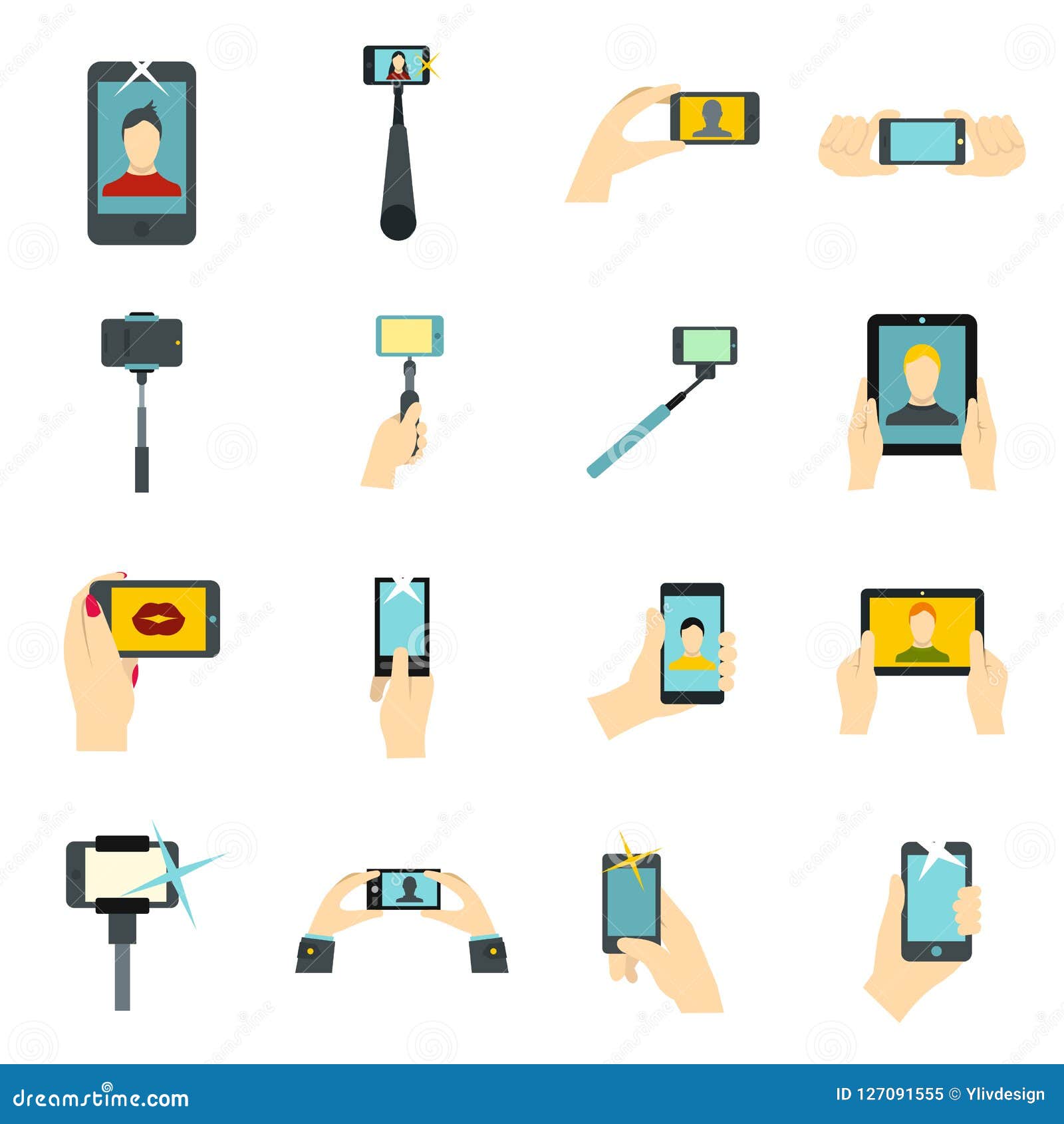 Selfie Icons Set, Flat Style Stock Illustration - Illustration of face ...