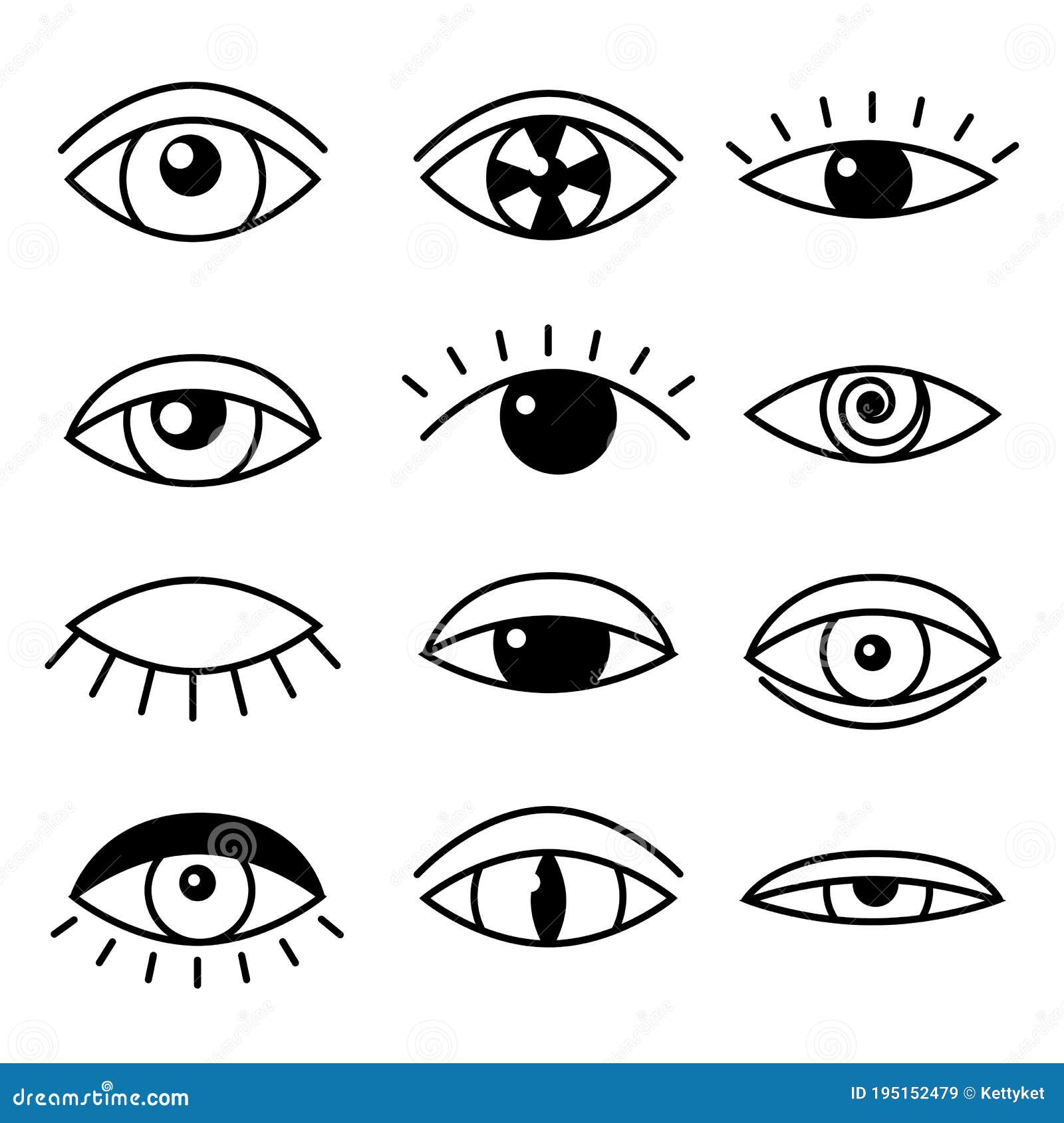 Flat Set with Black Outline Eye on White Background. Open, Sleeping and ...