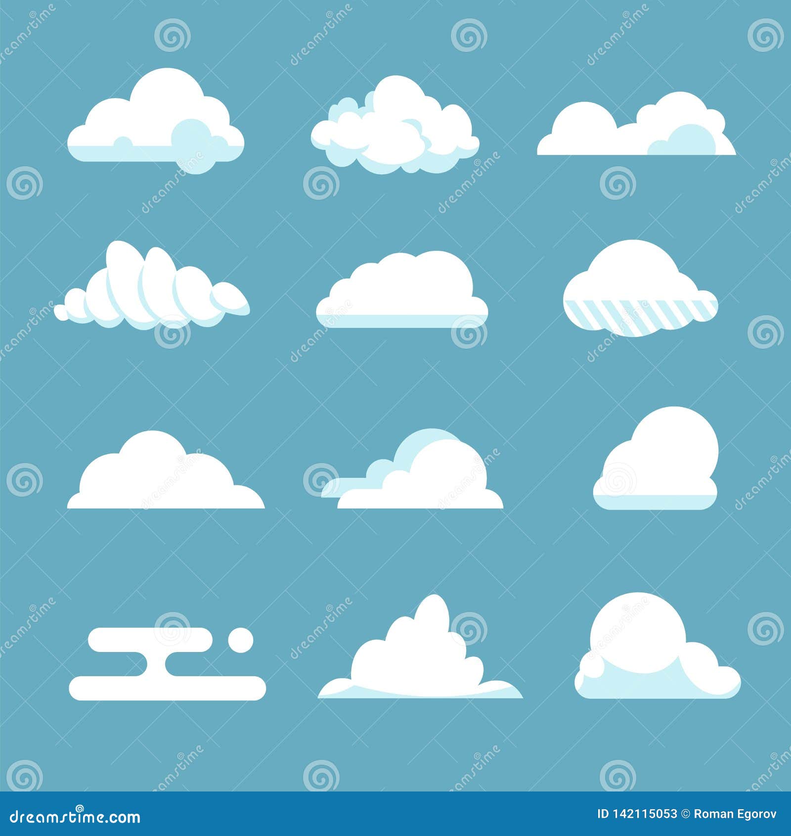 Flat Sky Cloud. Blue Fluffy Cartoon Shapes White Atmosphere Cloudy ...