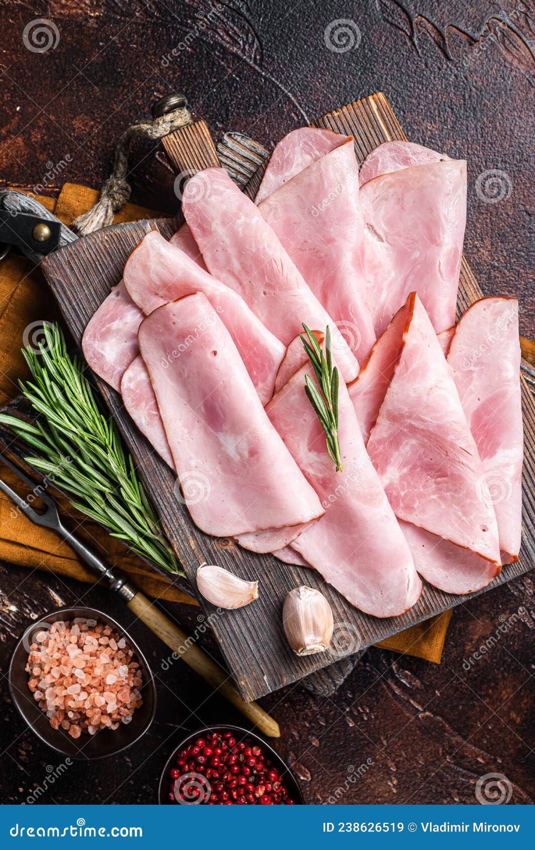 Flat Slices of Square Sandwich Ham with Herbs. Dark Background Stock ...