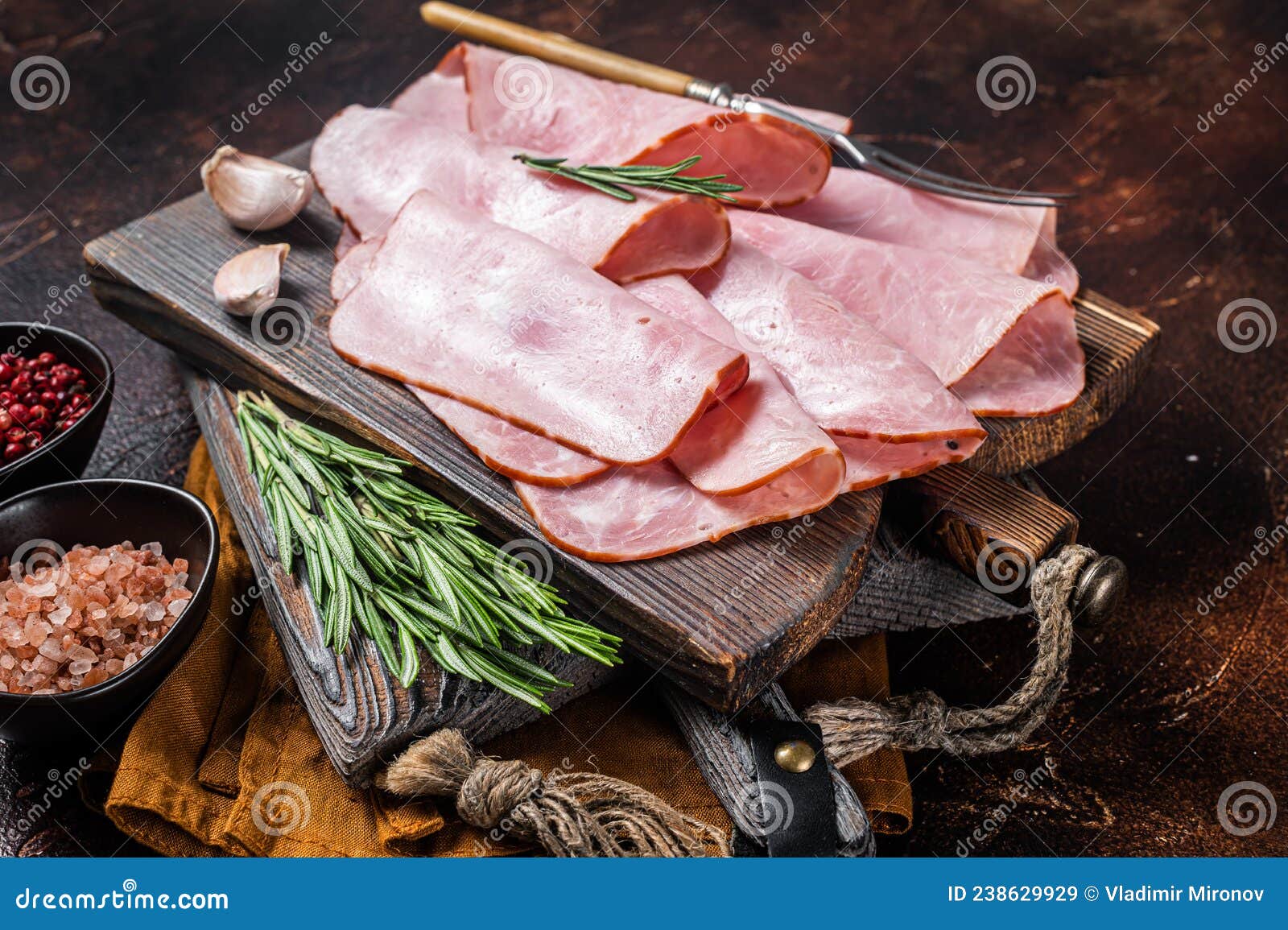 Flat Slices of Square Sandwich Ham with Herbs. Dark Background Stock ...