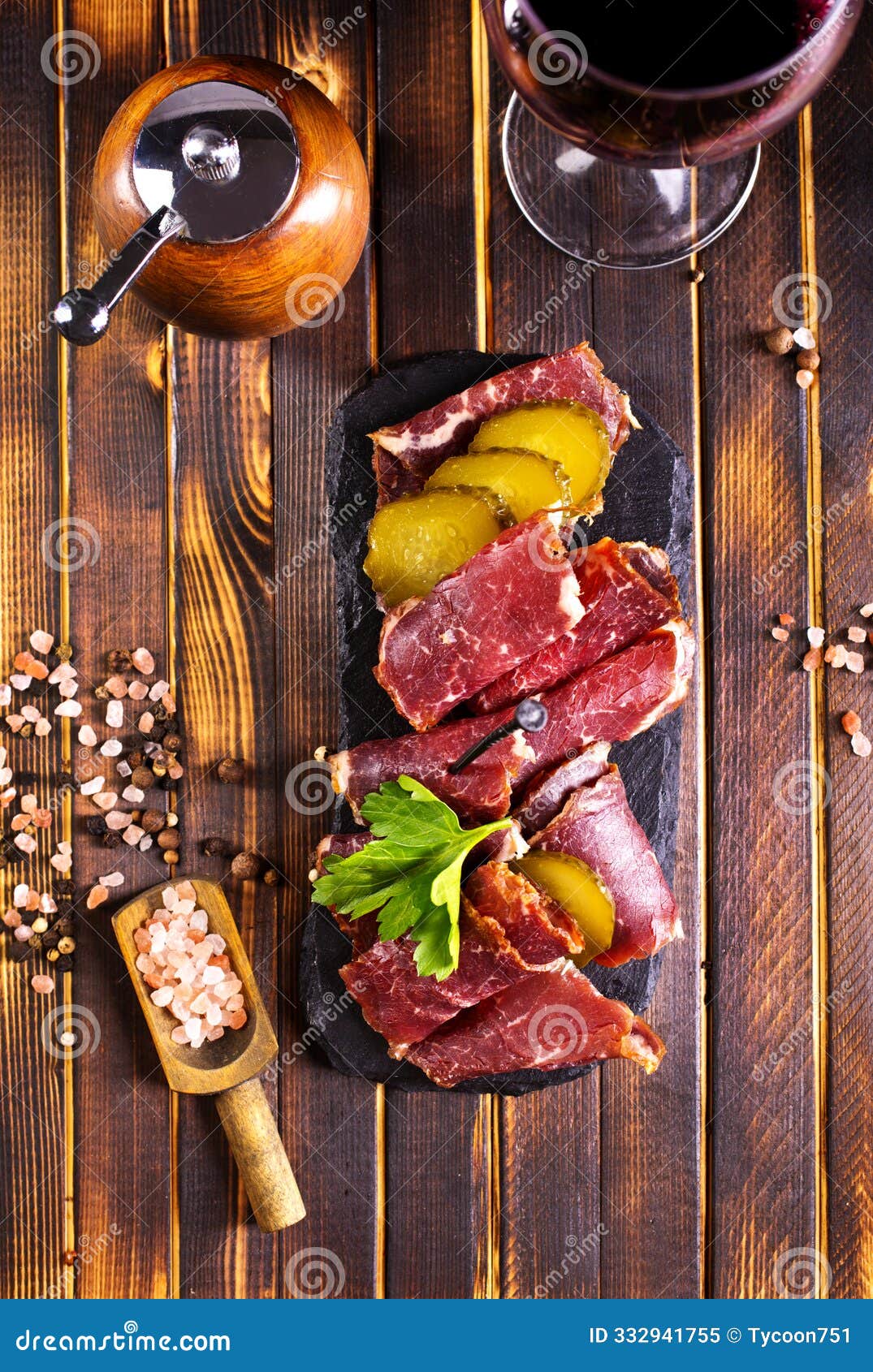 Flat Slices of Square Sandwich Ham with Herbs. Dark Background. Top ...