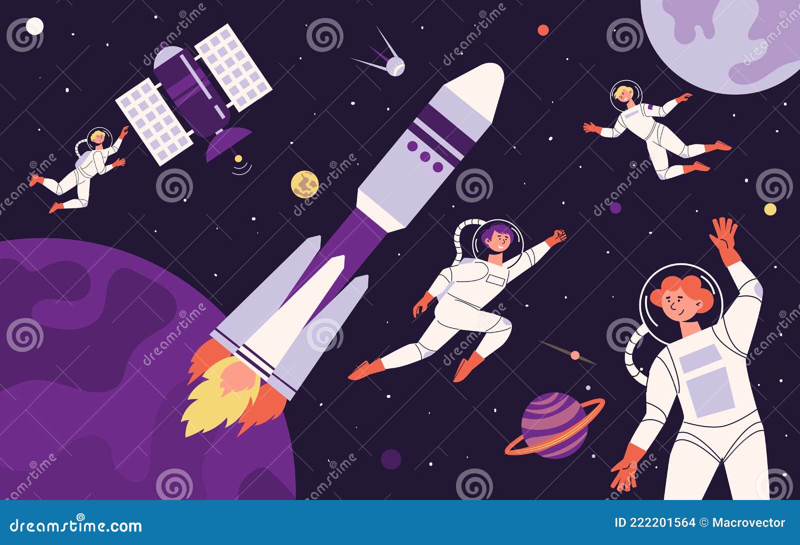 Astronauts In Weightlessness Zero Gravity Planet Vector Cartoon ...