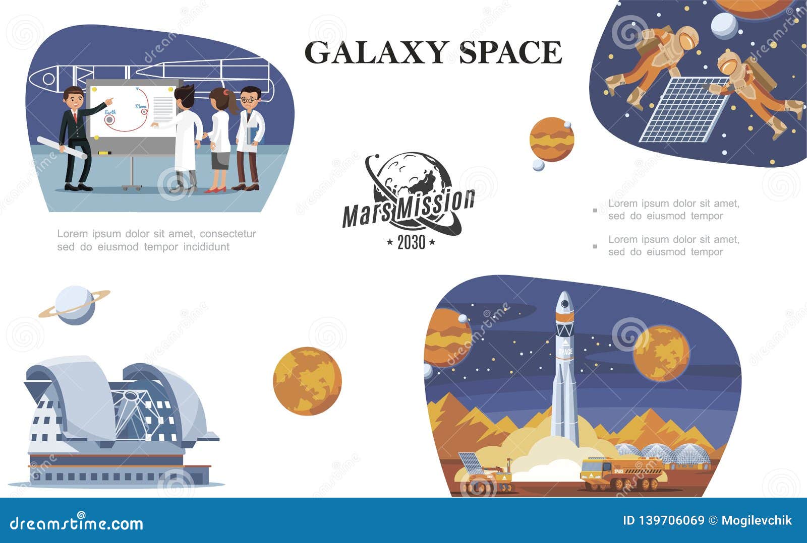 Flat Space Composition stock vector. Illustration of moon - 139706069