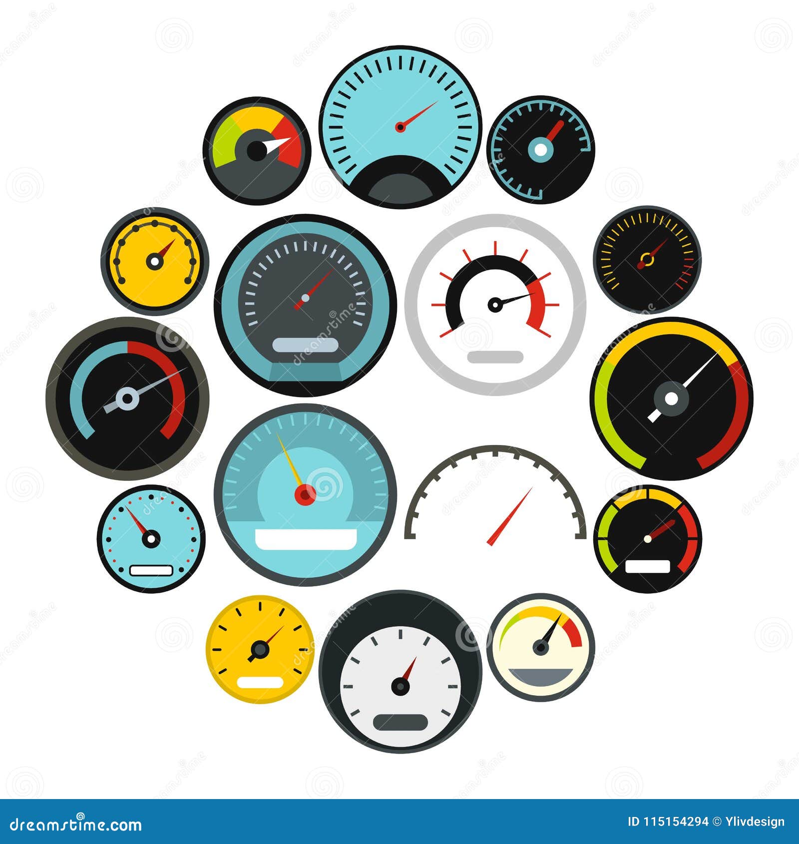 Speedometer Icons Set, Flat Style Stock Vector - Illustration of ...