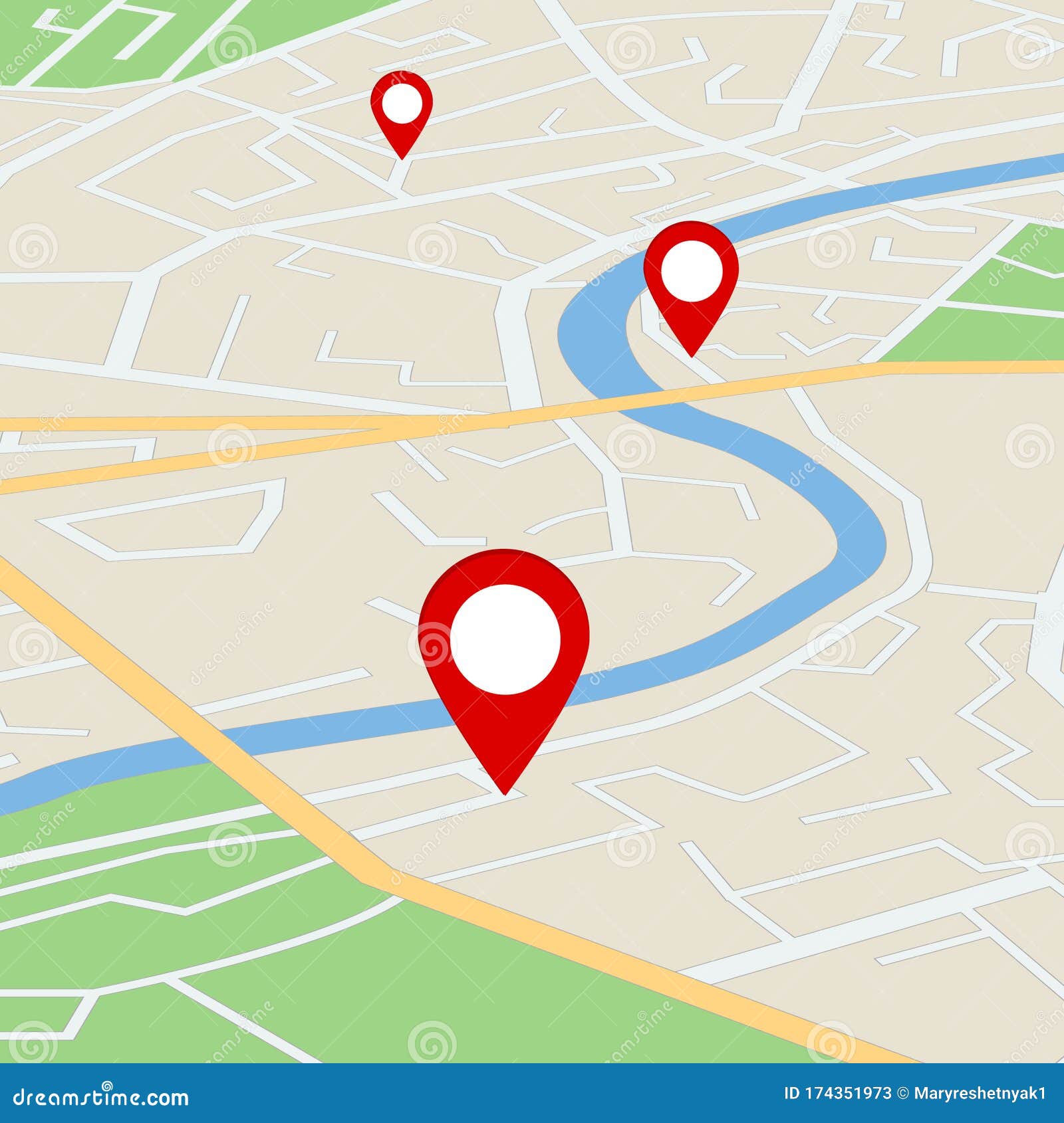 Flat Street Map With Direction. Gps Navigation On Road Town With Pins ... Flat Street Map With Direction. Gps Navigation On Road Town With Pins ...