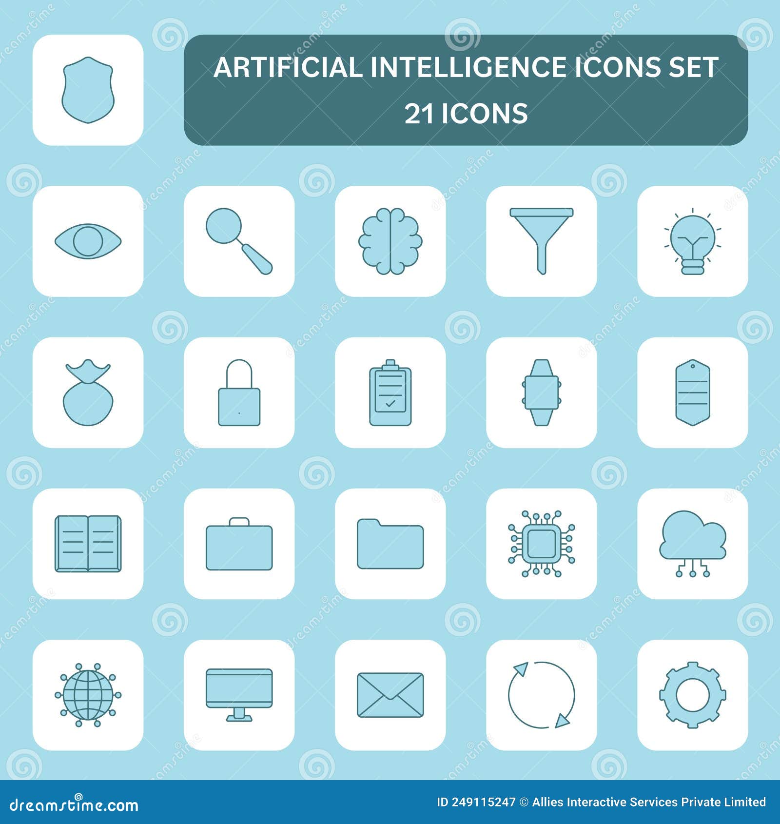 Flat Style Artificial Intelligence Square Icons in Blue Color Stock ...