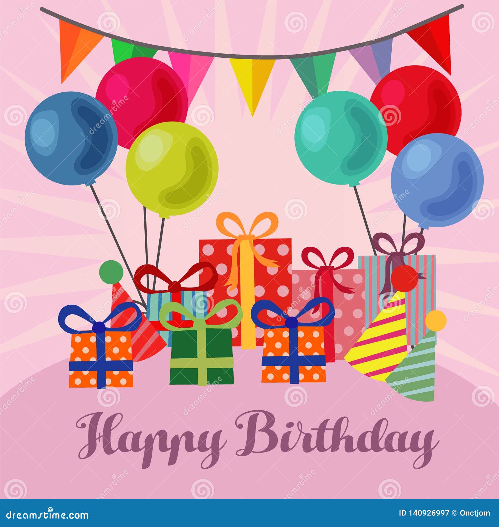 Flat Style Birthday Card Theme with Present Box Balloon Flag Stock ...