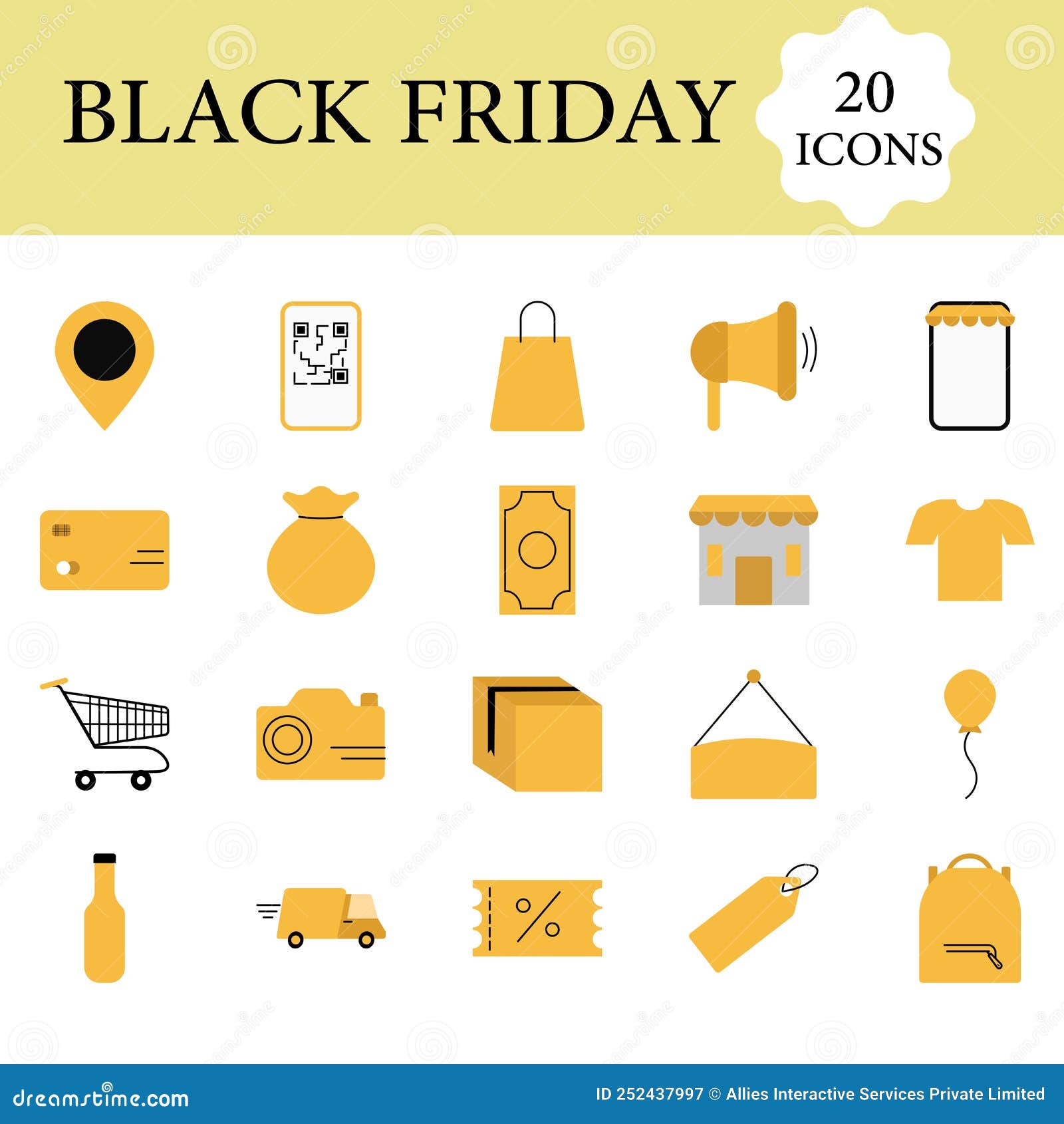 Flat Style 20 Black Friday Icon Set in Yellow Stock Illustration ...