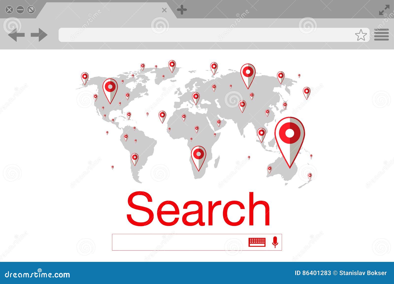 Flat Style Browser Search Engine. World Map with Pins Stock Vector ...
