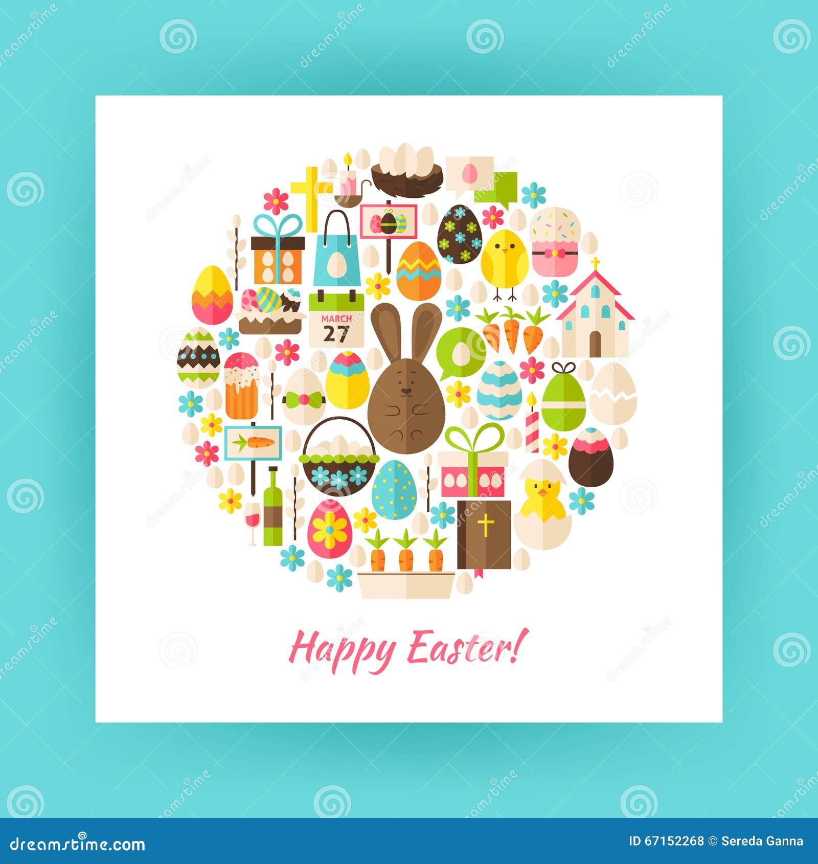 Flat Style Circle Vector Set of Happy Easter Objects Over White Stock ...