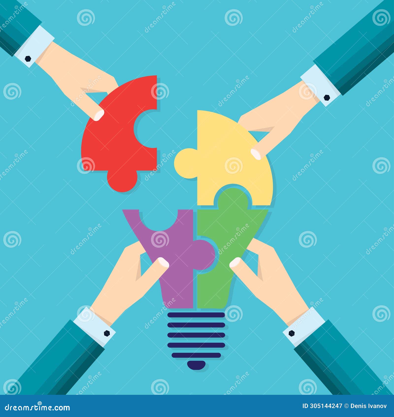 Flat Style Concept of Creative Teamwork with Light Bulb Puzzle Stock ...
