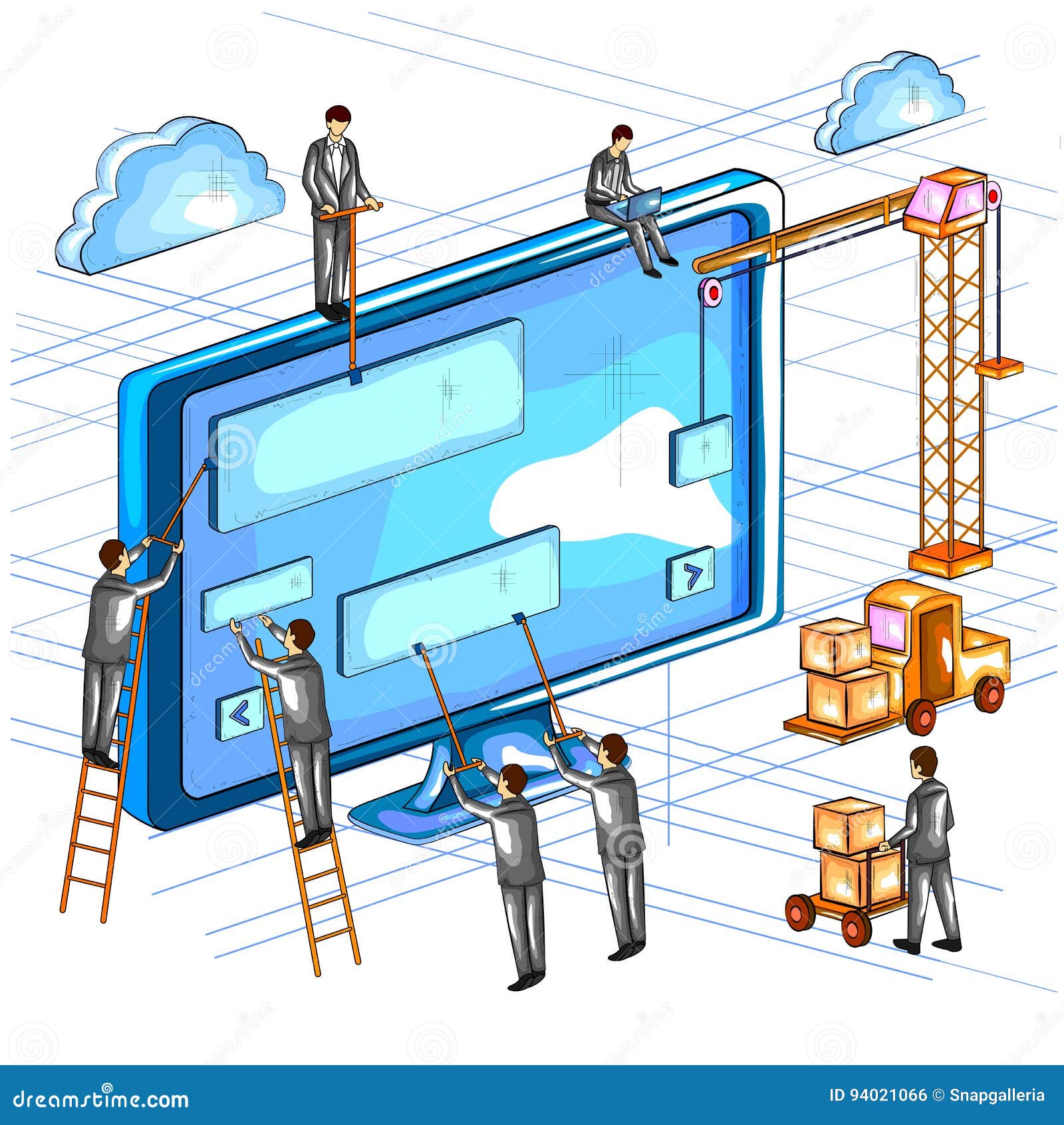 Flat Style 3D Isometric View of Under Construction or Work in Progress ...