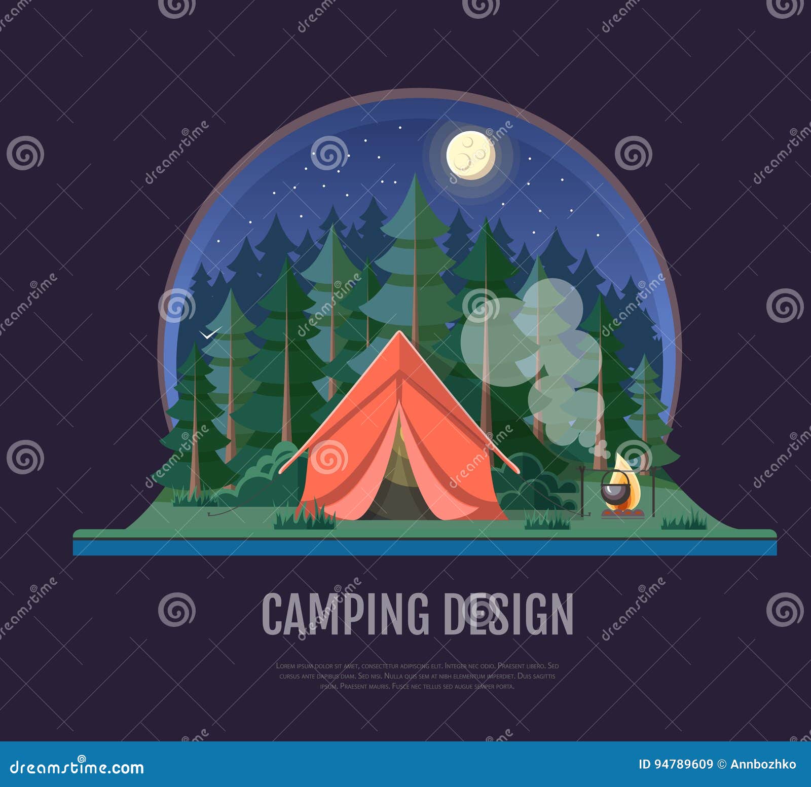 Flat Style Design of Forest Landscape and Camping. Night Scene Stock ...
