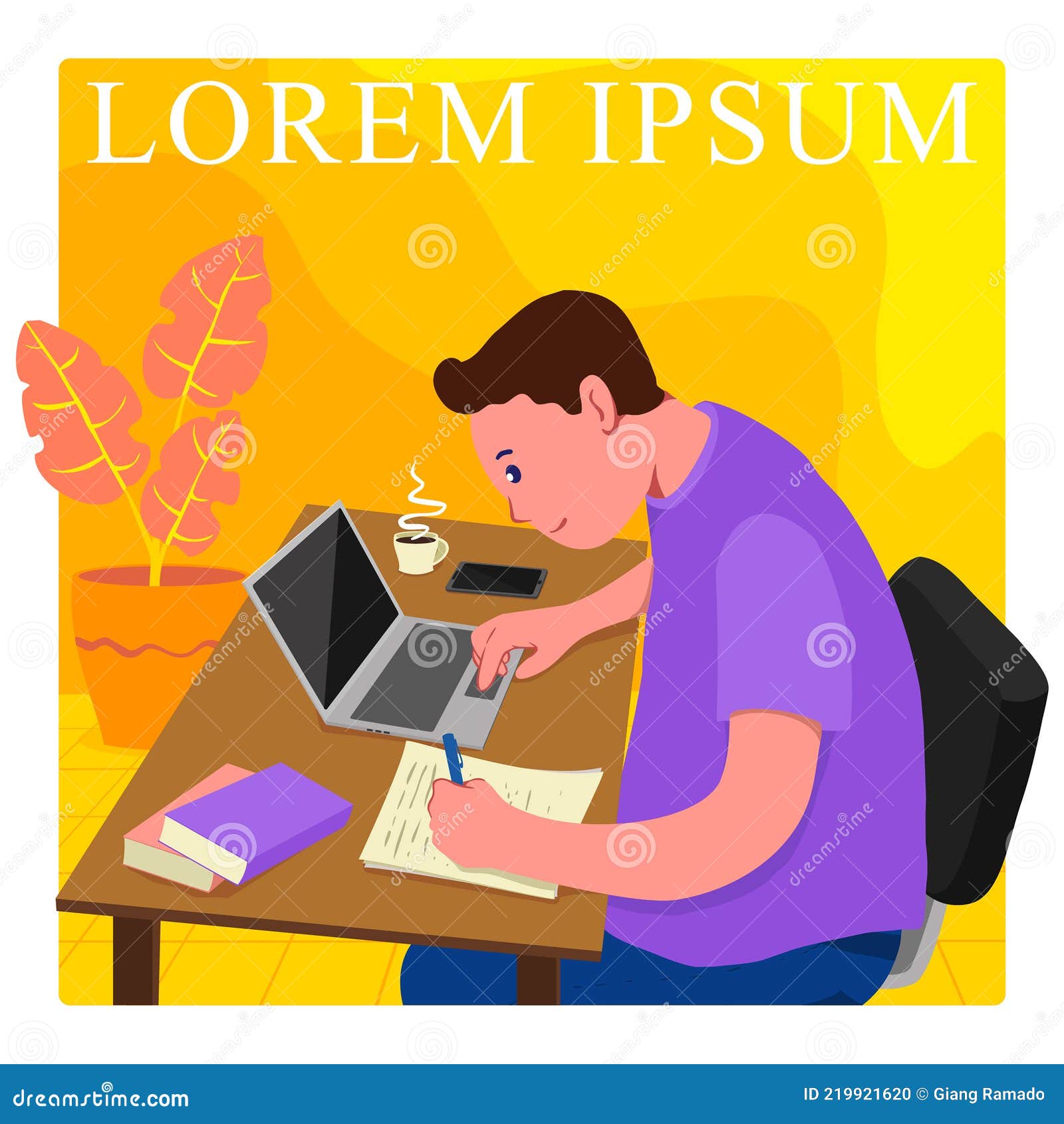 Flat Style Design Vector of Boy Study Hard with Laptop and Coffee in ...