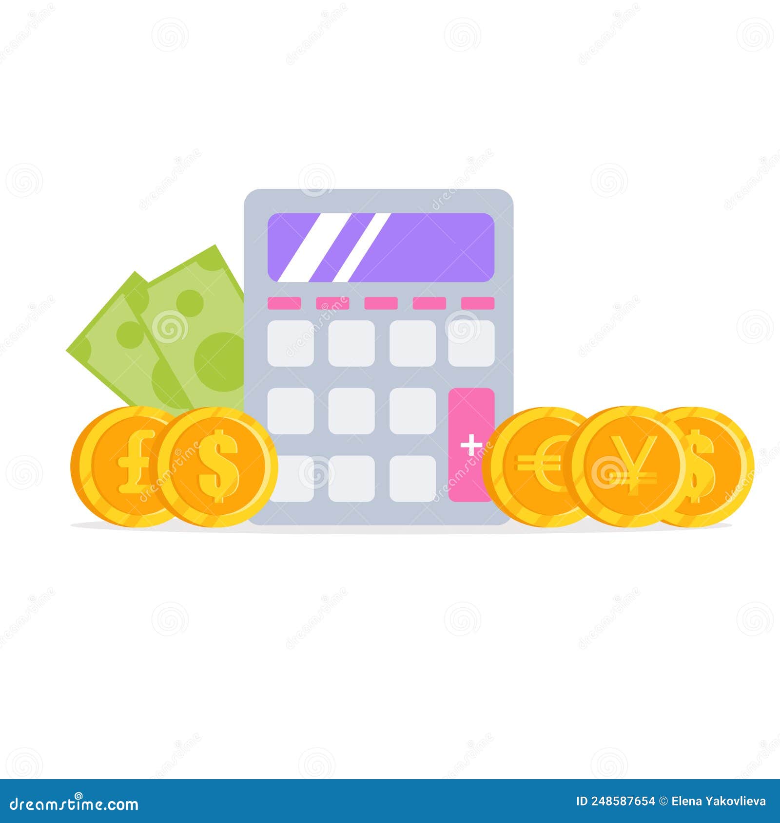 Flat Style Electronic Calculator with Coins and Money. Vector ...