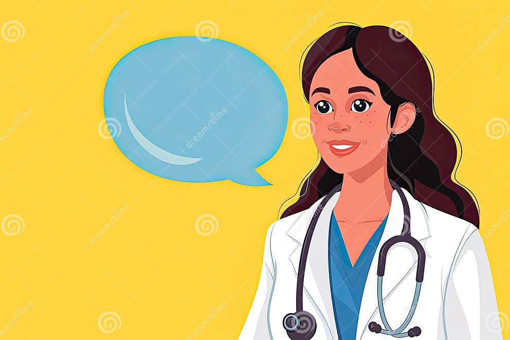 Flat Style Graphic Woman Doctor With Stethoscope And Empty Bubble
