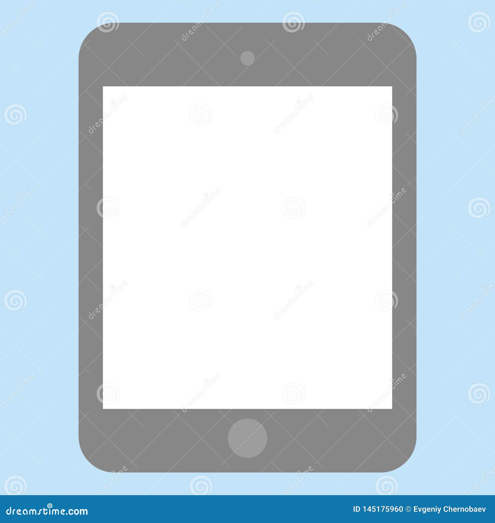 Flat Style Grey Tablet with Big Button and White Empty Screen on Blue ...