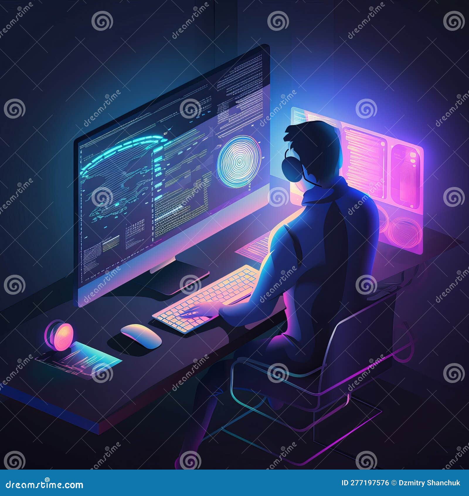 Flat Style Man at Computer Graphics Generative AI Stock Illustration ...