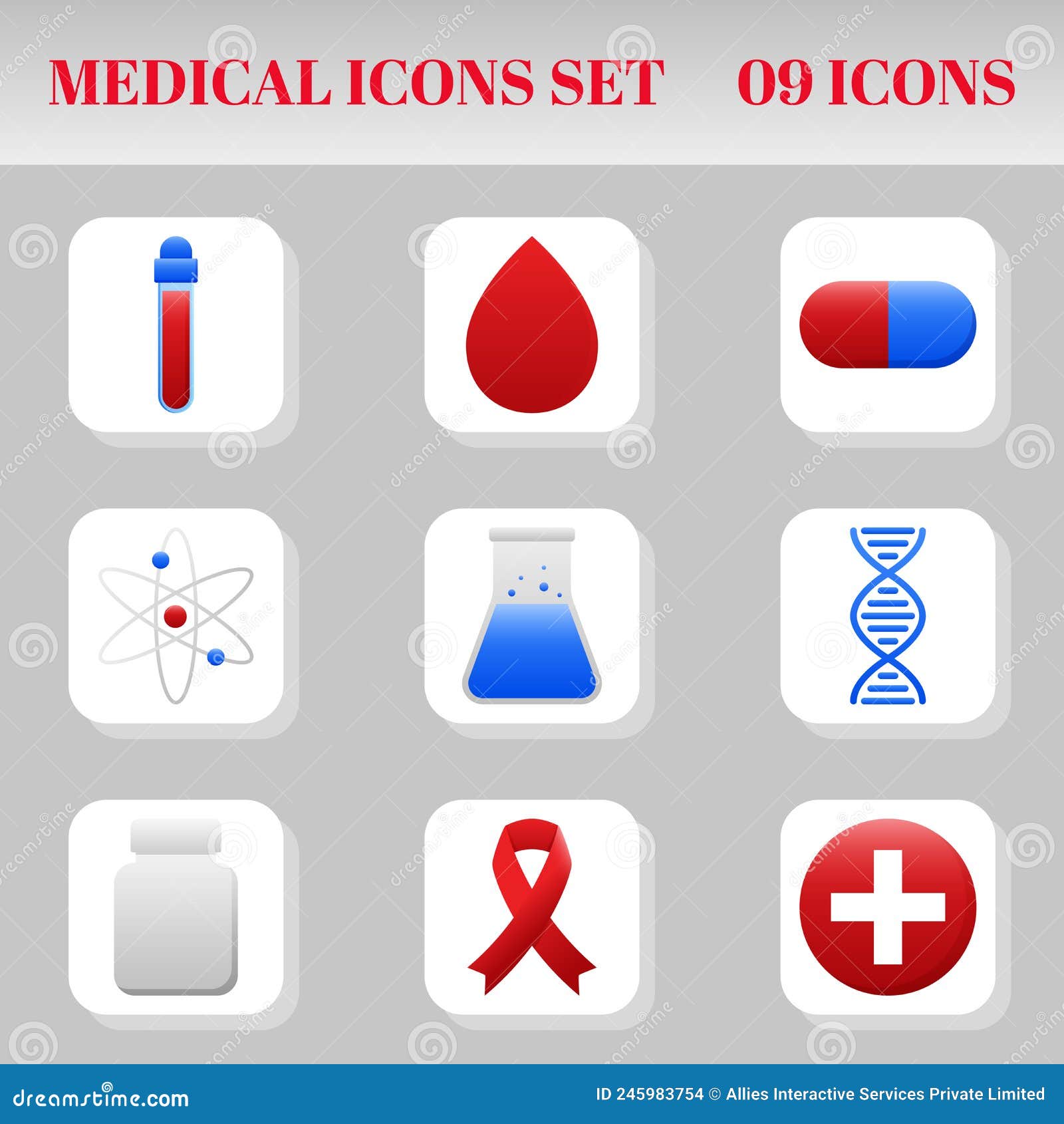 Flat Style 09 Medical Red and Blue Icon Set on Square Stock ...