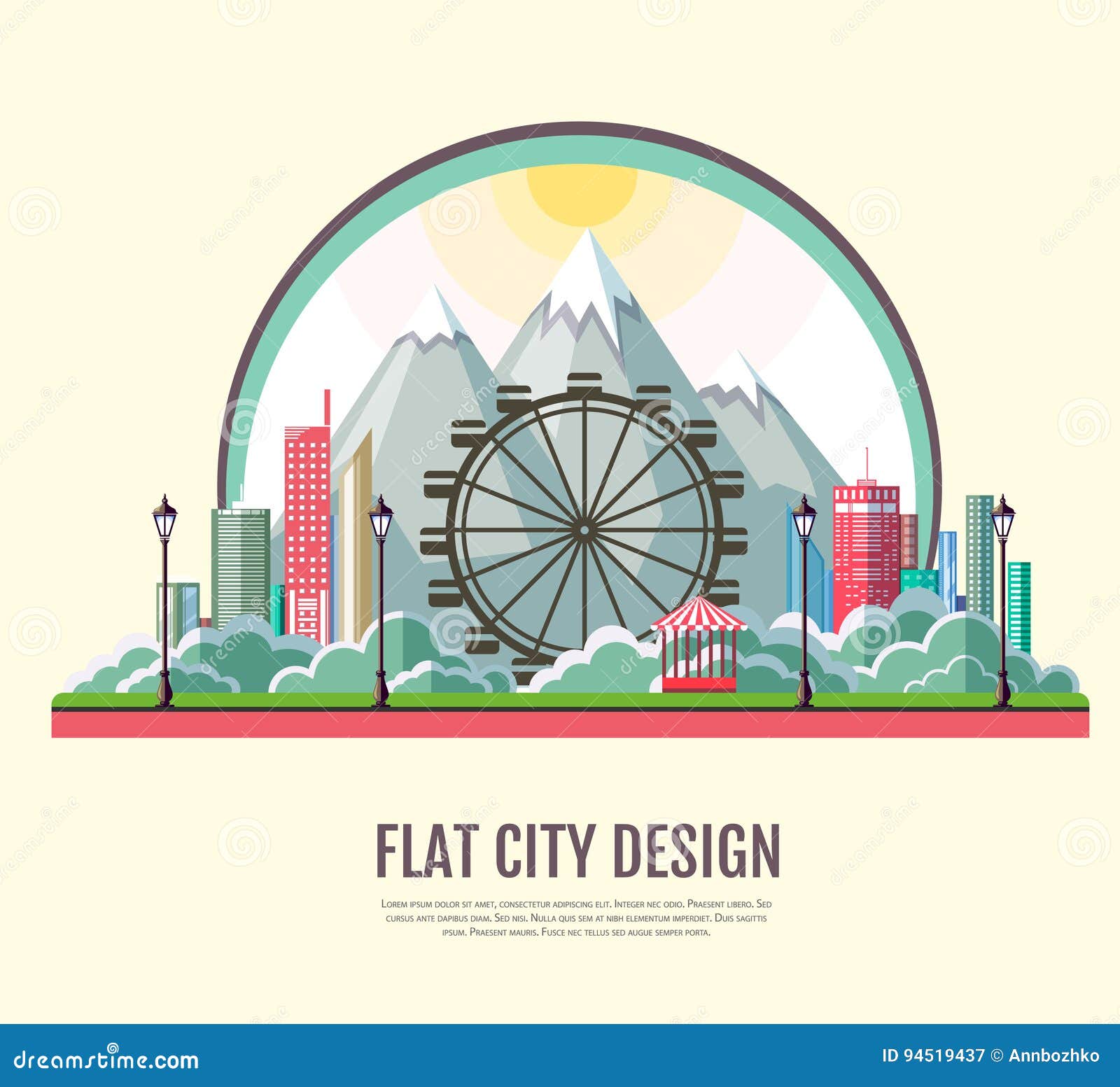 Flat Style Modern Design of Public Park with Mountains Landscape Stock ...