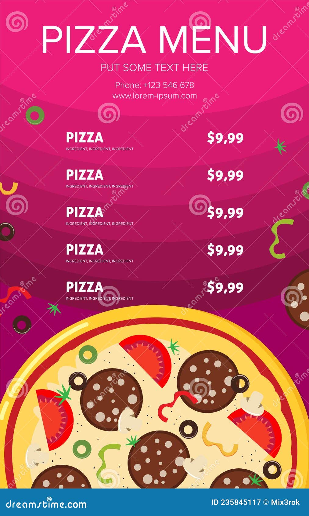 Flat Style. Pizza Card Menu Stock Vector - Illustration of ingredients ...