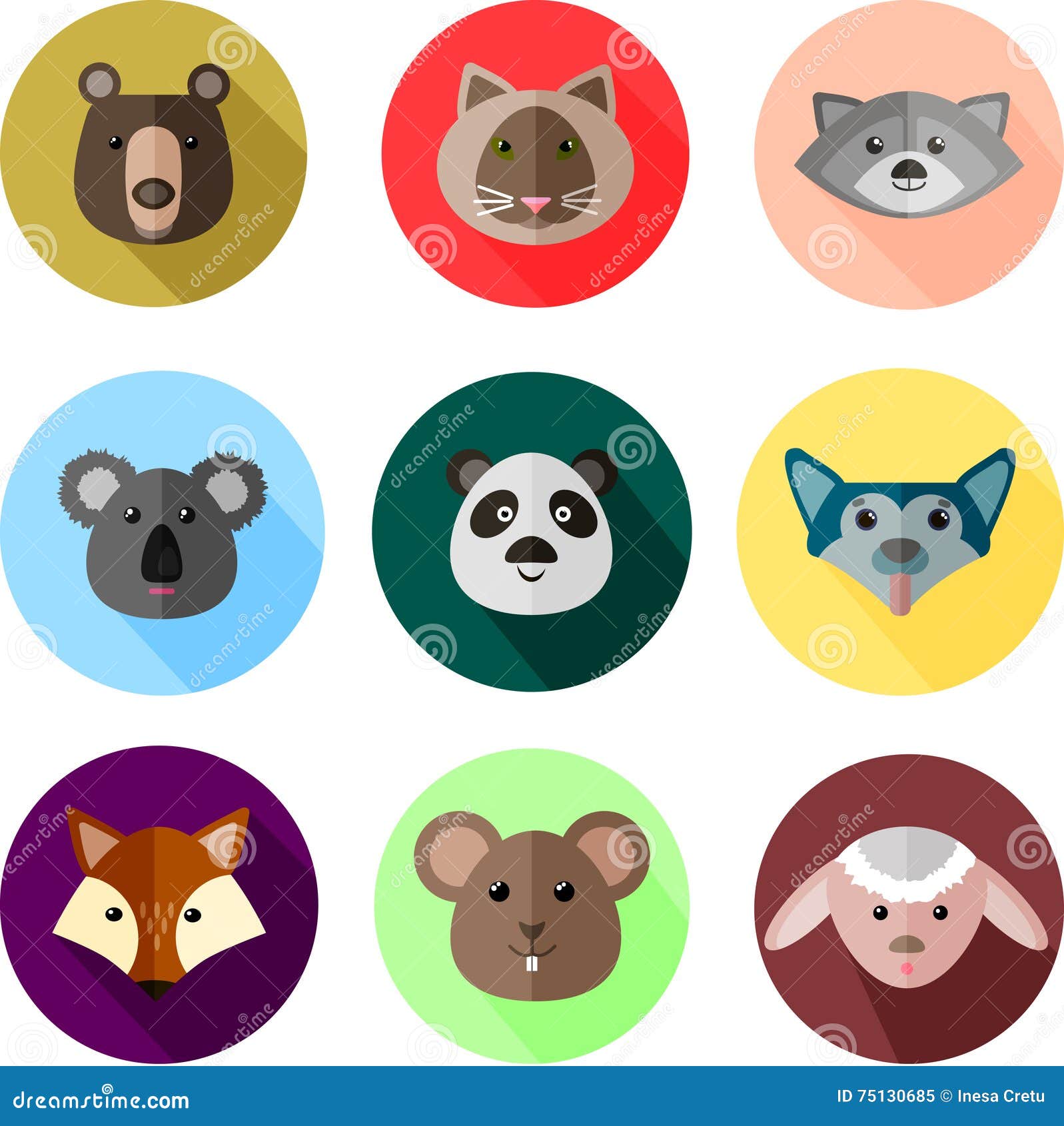Flat Style Round Icons with Animals Stock Vector - Illustration of ...