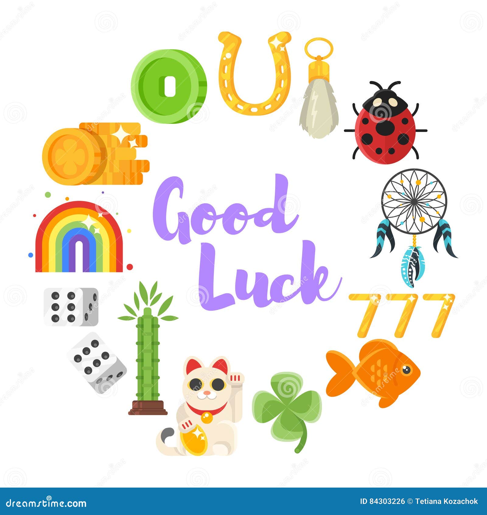 Flat Style Set of Luck Objects. Stock Vector - Illustration of color ...
