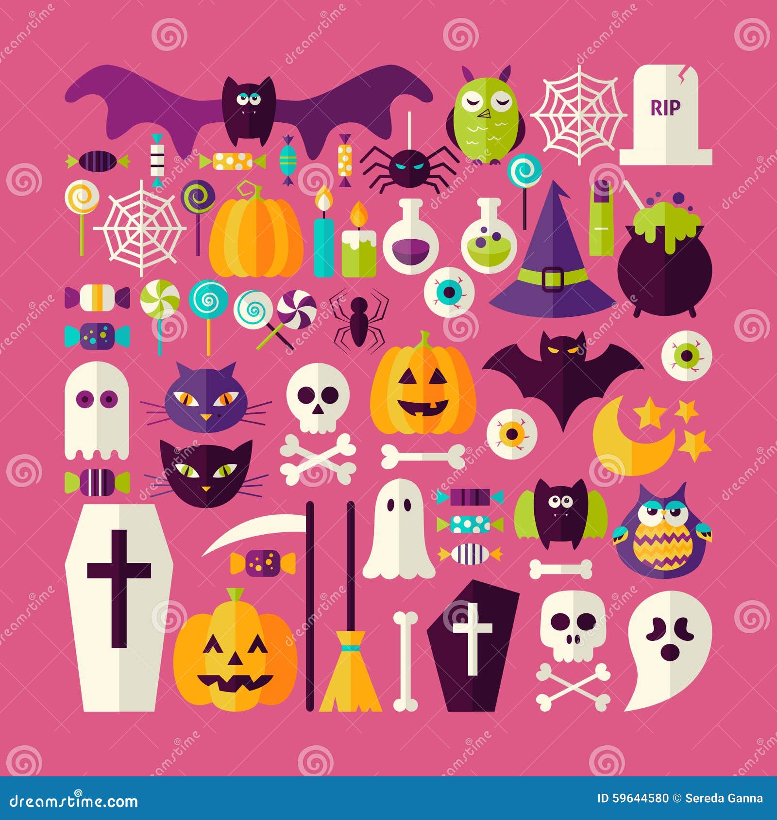 Flat Style Vector Big Set of Halloween Holiday Objects and Eleme Stock ...