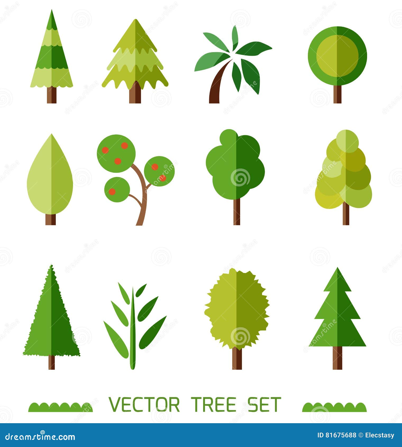 Flat Style Vector Elements Set. Different Types of Trees. Game Icons ...