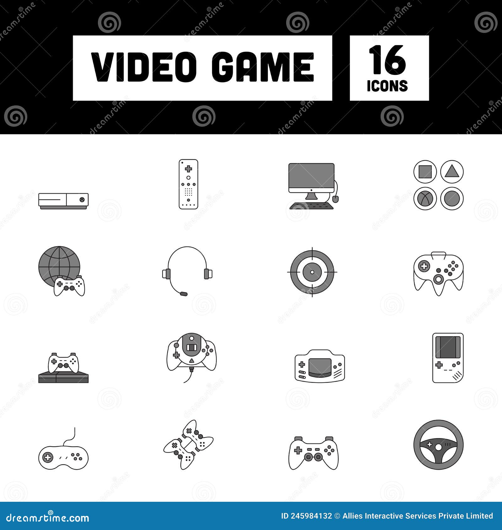 Flat Style Video Game Grey and White Icons Stock Illustration ...