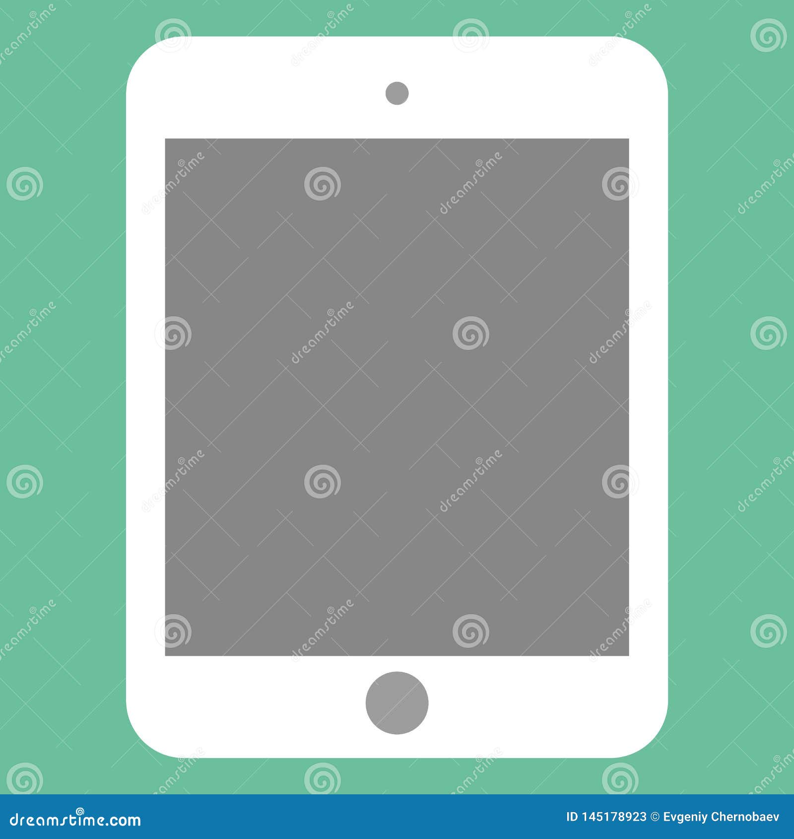 Flat Style White Tablet with Big Button and Grey Empty Screen on Green ...