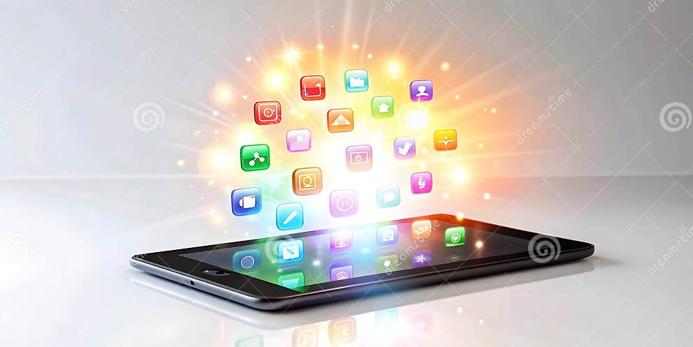 Flat Tablet with Holographic Icons Concept As a Tablet Lying Flat on a ... Flat Tablet with Holographic Icons Concept As a Tablet Lying Flat on a ...