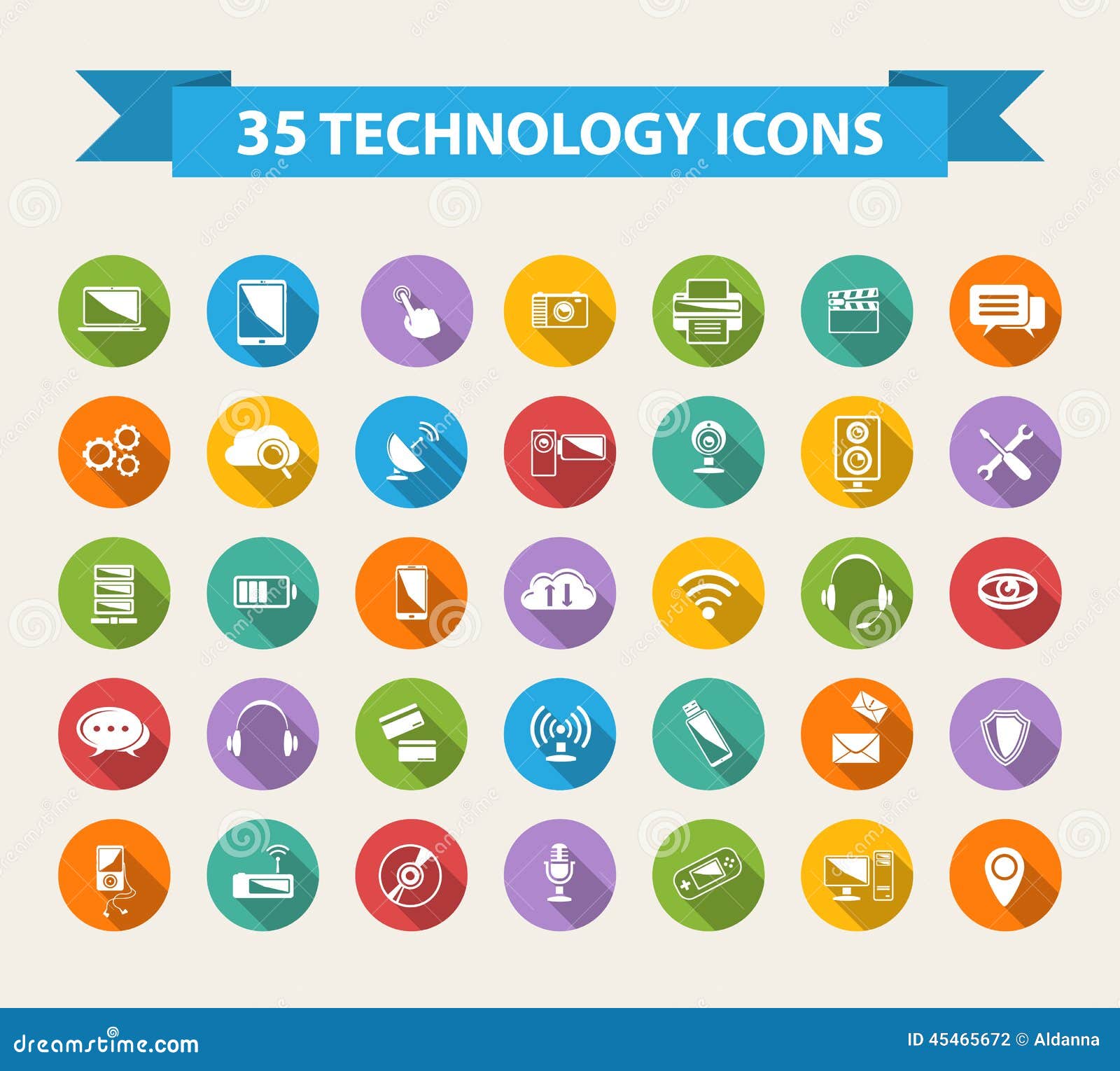 Flat Technology Icons with Long Shadow. Stock Vector - Illustration of ...