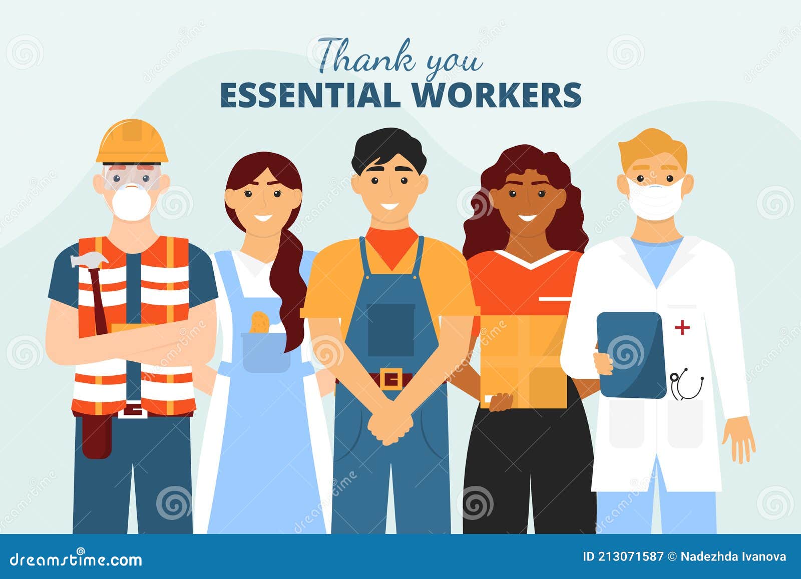 Thank You Essential Workers, Male Group Employees, Wearing Face Masks ...