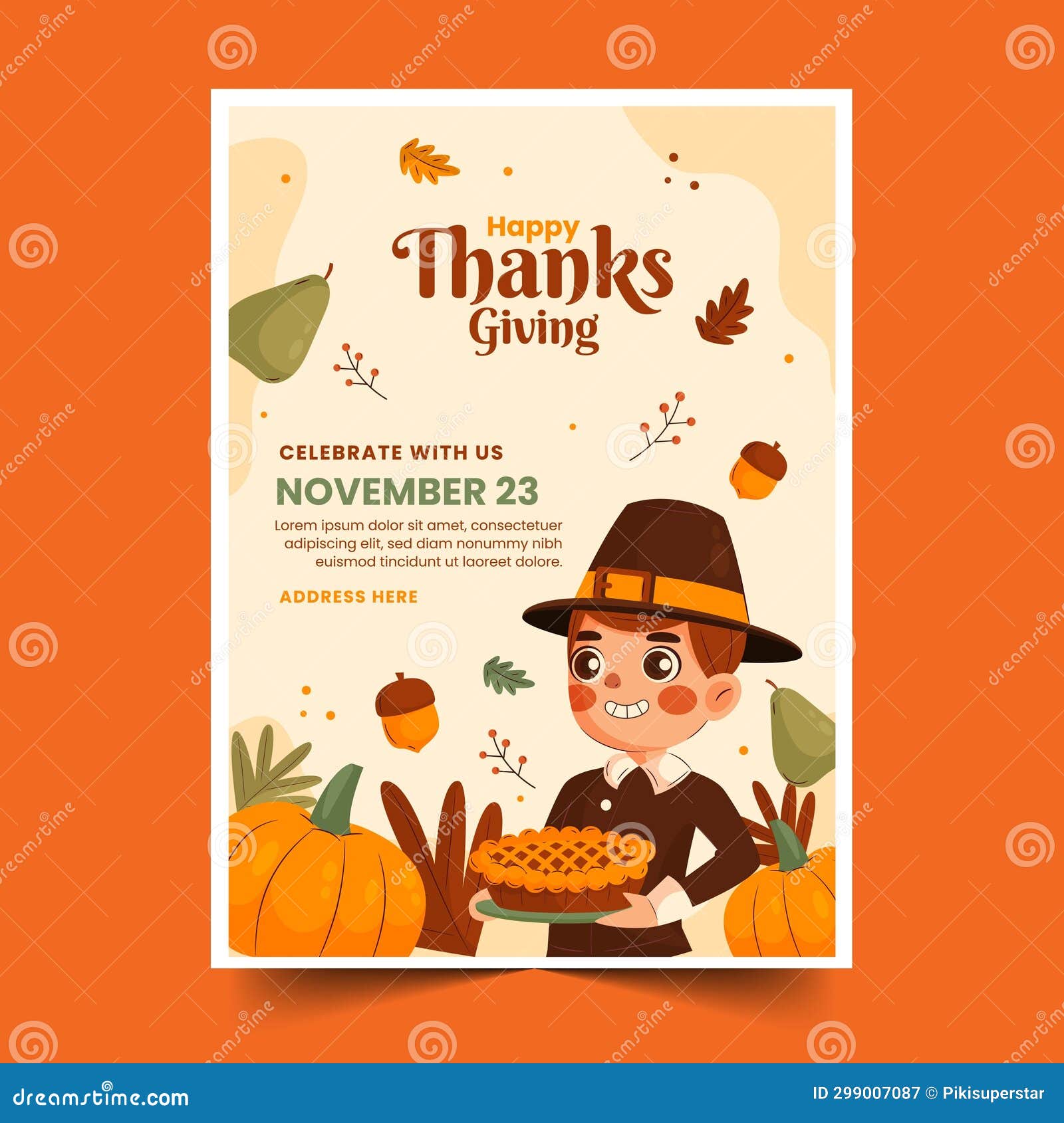 Flat Thanksgiving Invitation Template with Pilgrim Holding Pie Vector ...