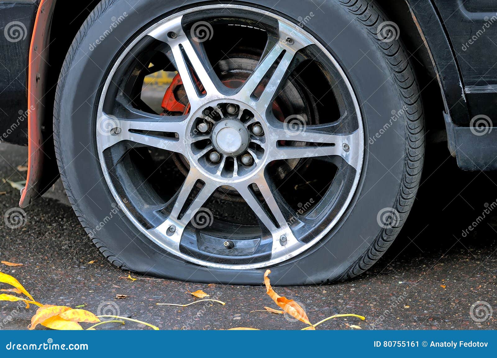 Flat Tire of a Car on the Pavement Stock Image - Image of detail, dirt ...