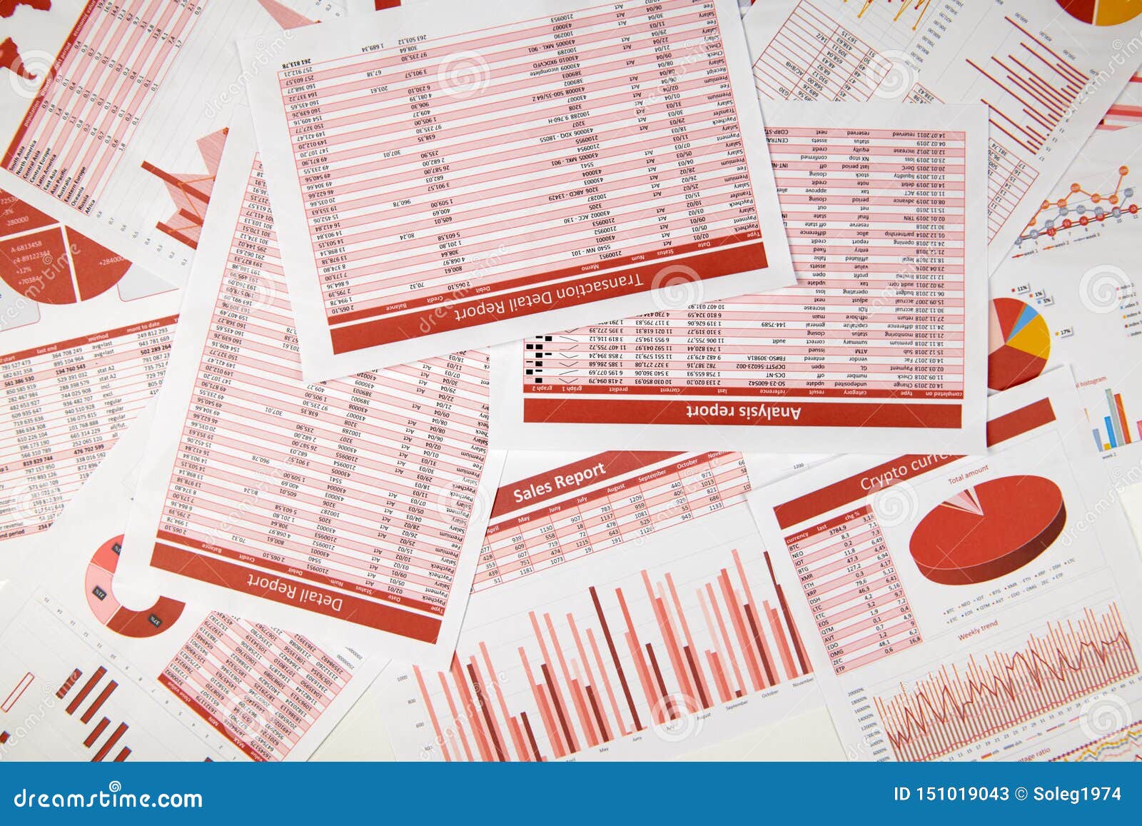 Flat Top View of Business Workspace - Reports with Data, Tables and ...