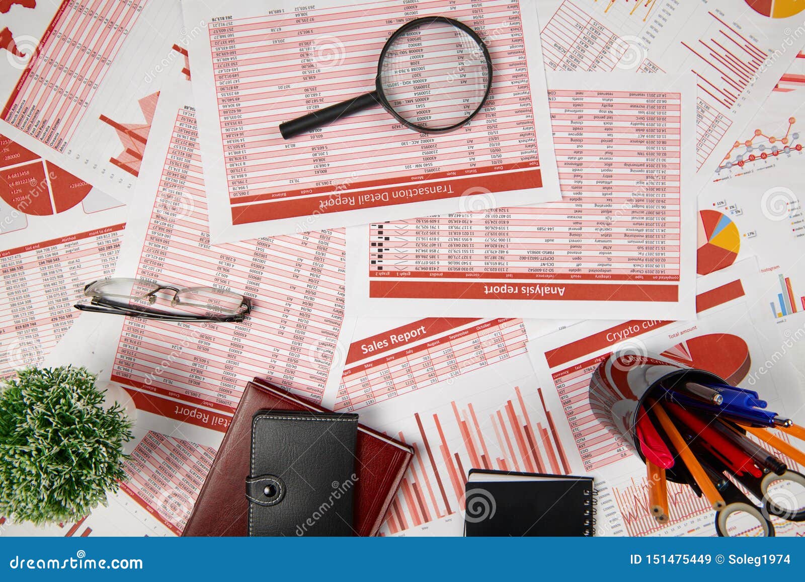 Flat Top View of Business Workspace - Reports with Data, Tables and ...