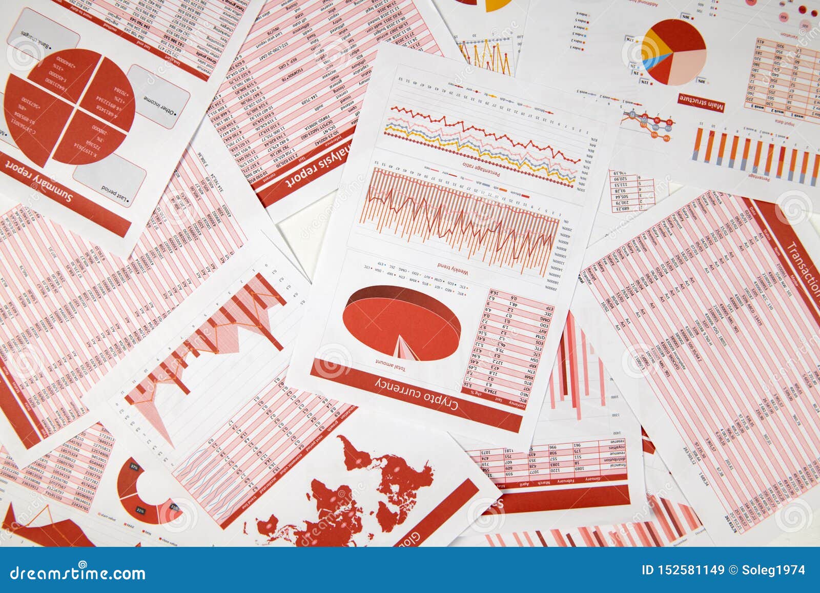 Flat Top View of Business Workspace - Reports with Data, Tables and ...