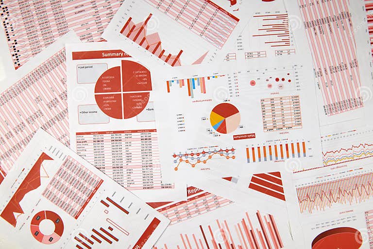 Flat Top View of Business Workspace - Reports with Data, Tables and ...