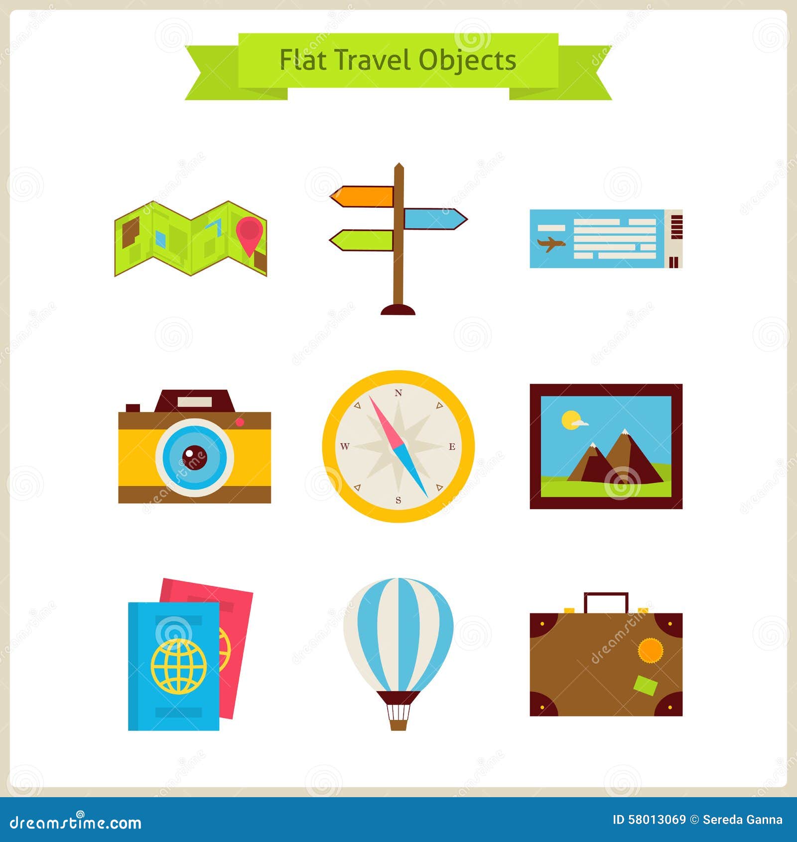 Flat Travel Objects Set stock vector. Illustration of beach - 58013069
