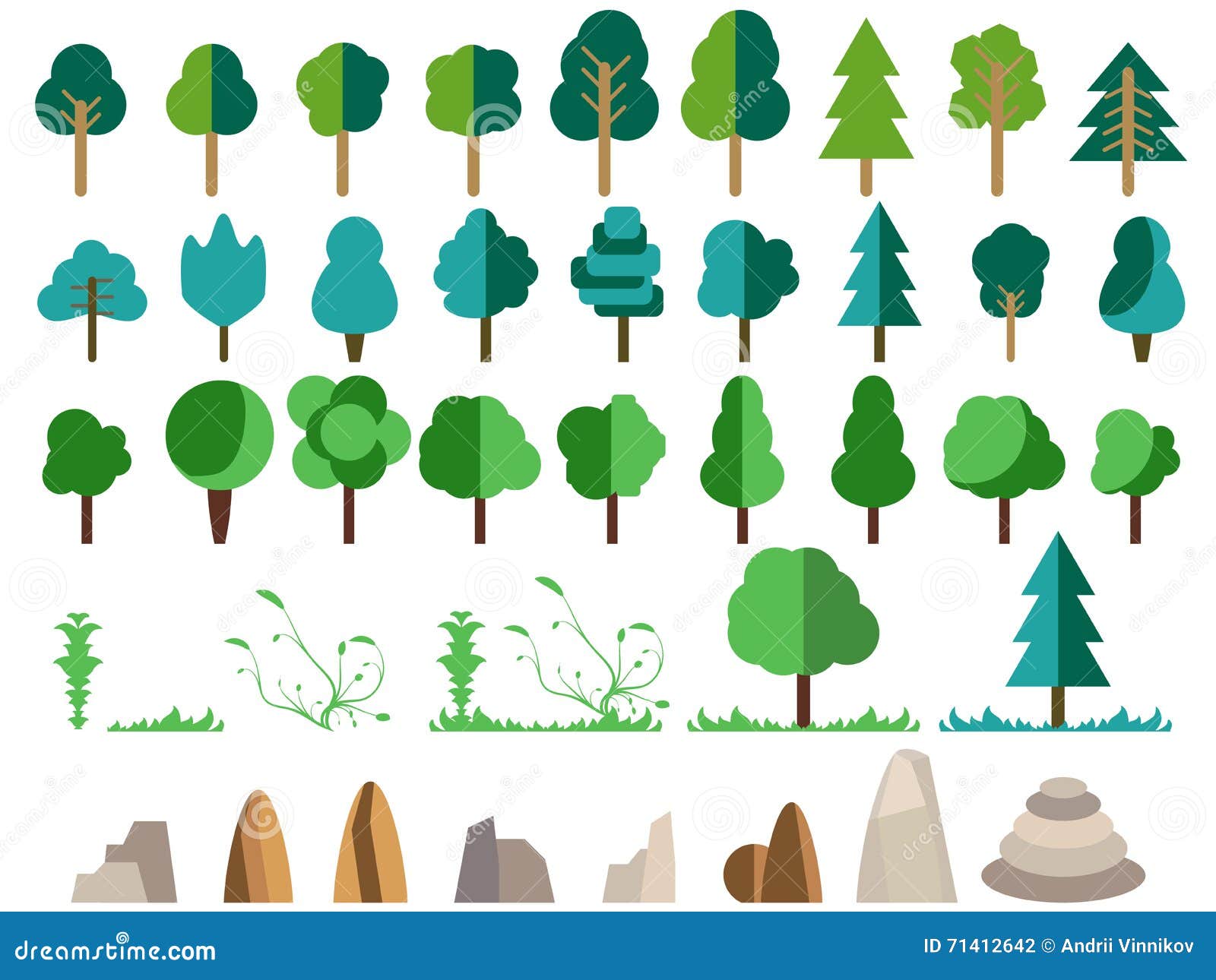 Flat Trees, Rocks, Bushes and Grass. Trees Set in a Flat Design Stock ...