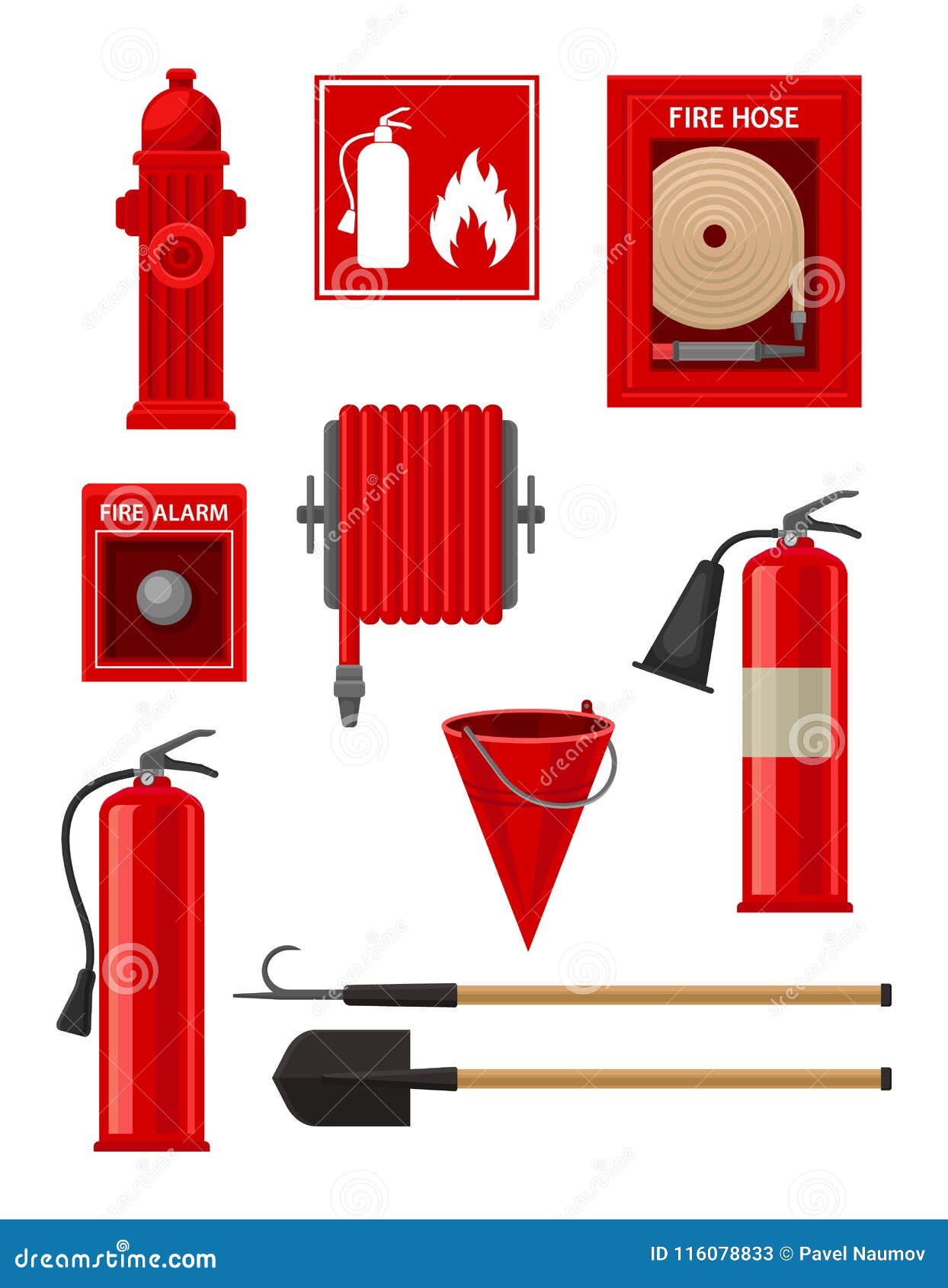Flat Vectoe Set Of Firefighting Items. Fireman Tools. Hydrant, Hose ...