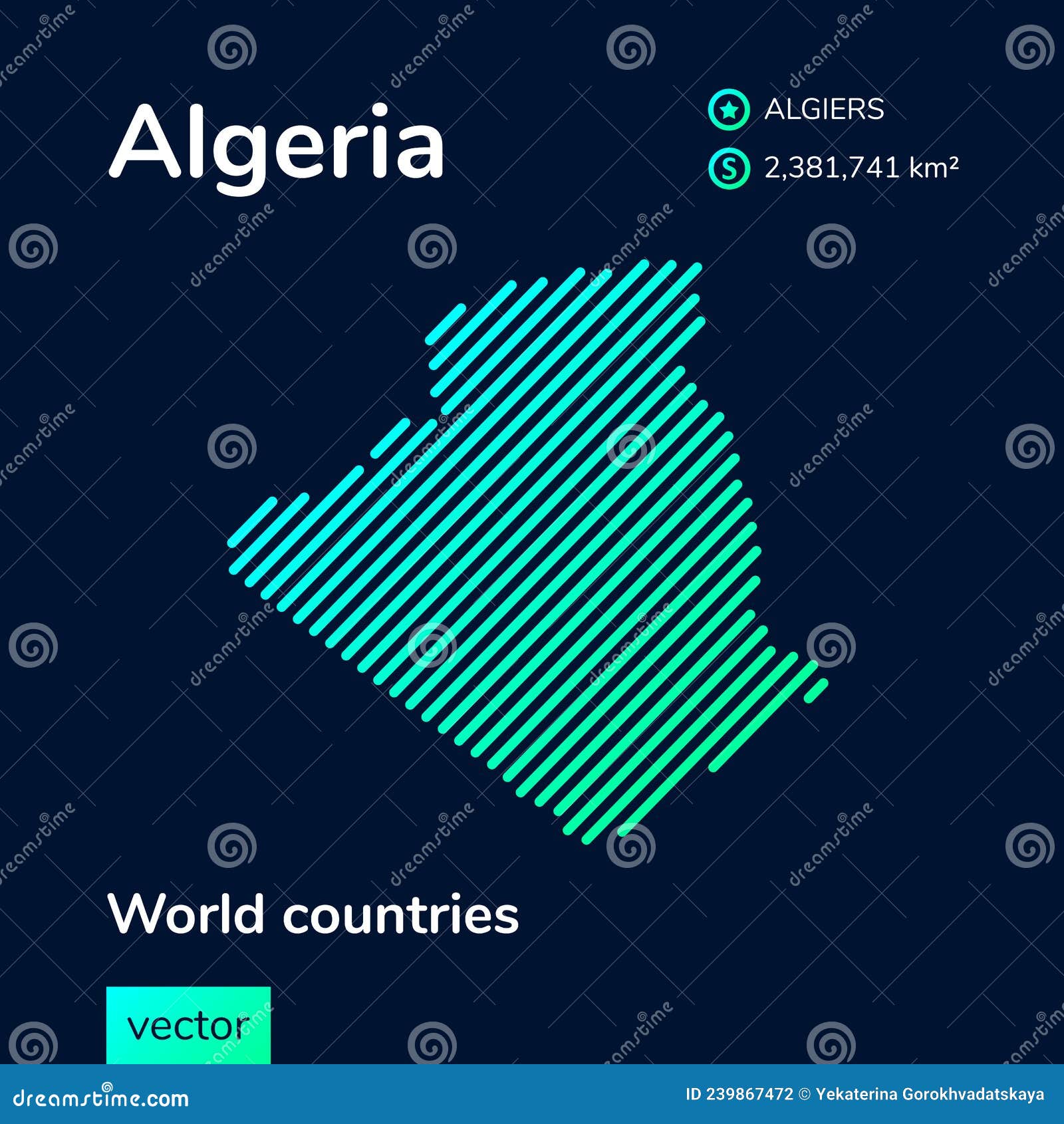 Flat Vector Algeria Map in Turquoise Colors on a Dark Blue Background ...