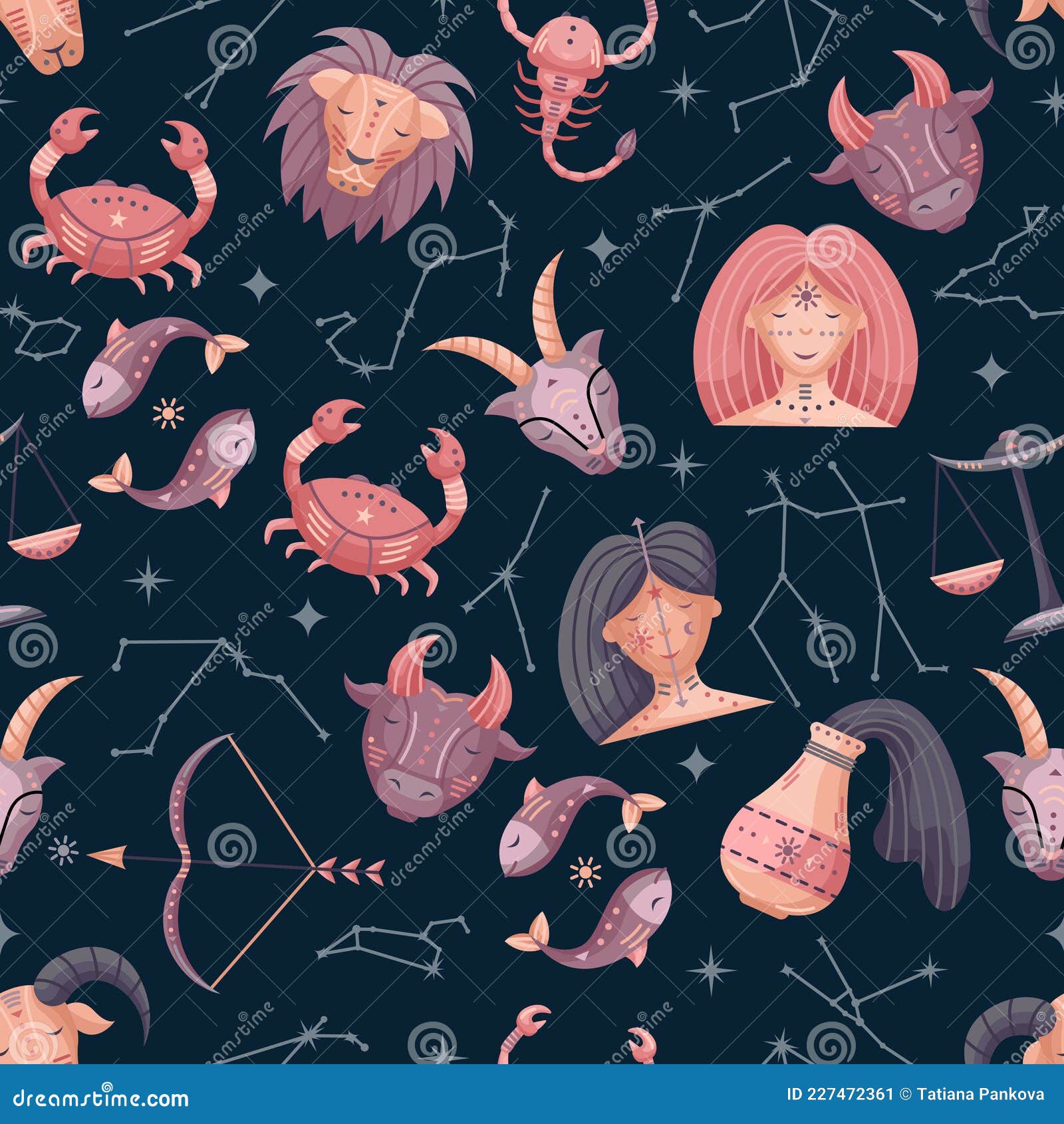 Flat Vector Astrology Seamless Pattern with Zodiac Signs Stock Vector ...
