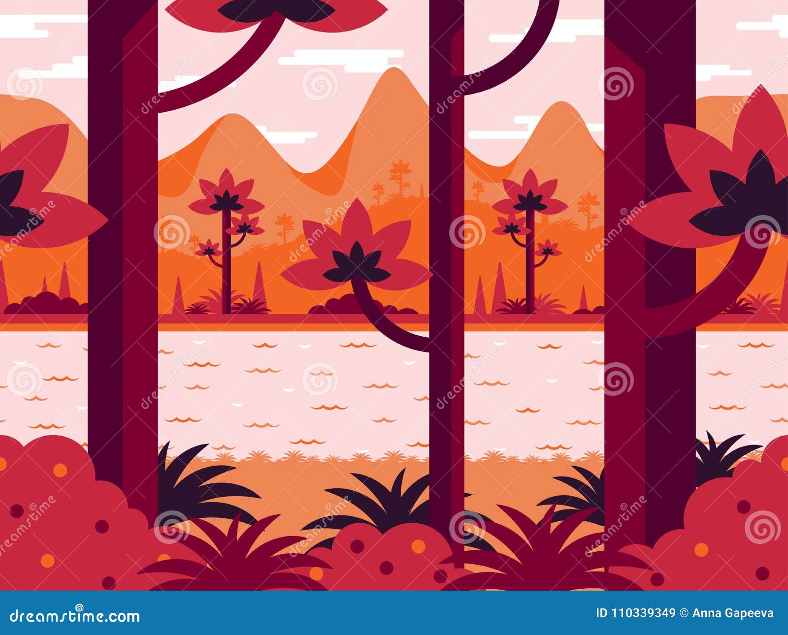 Flat Vector Background in Orange Colors with Forest, River and ...