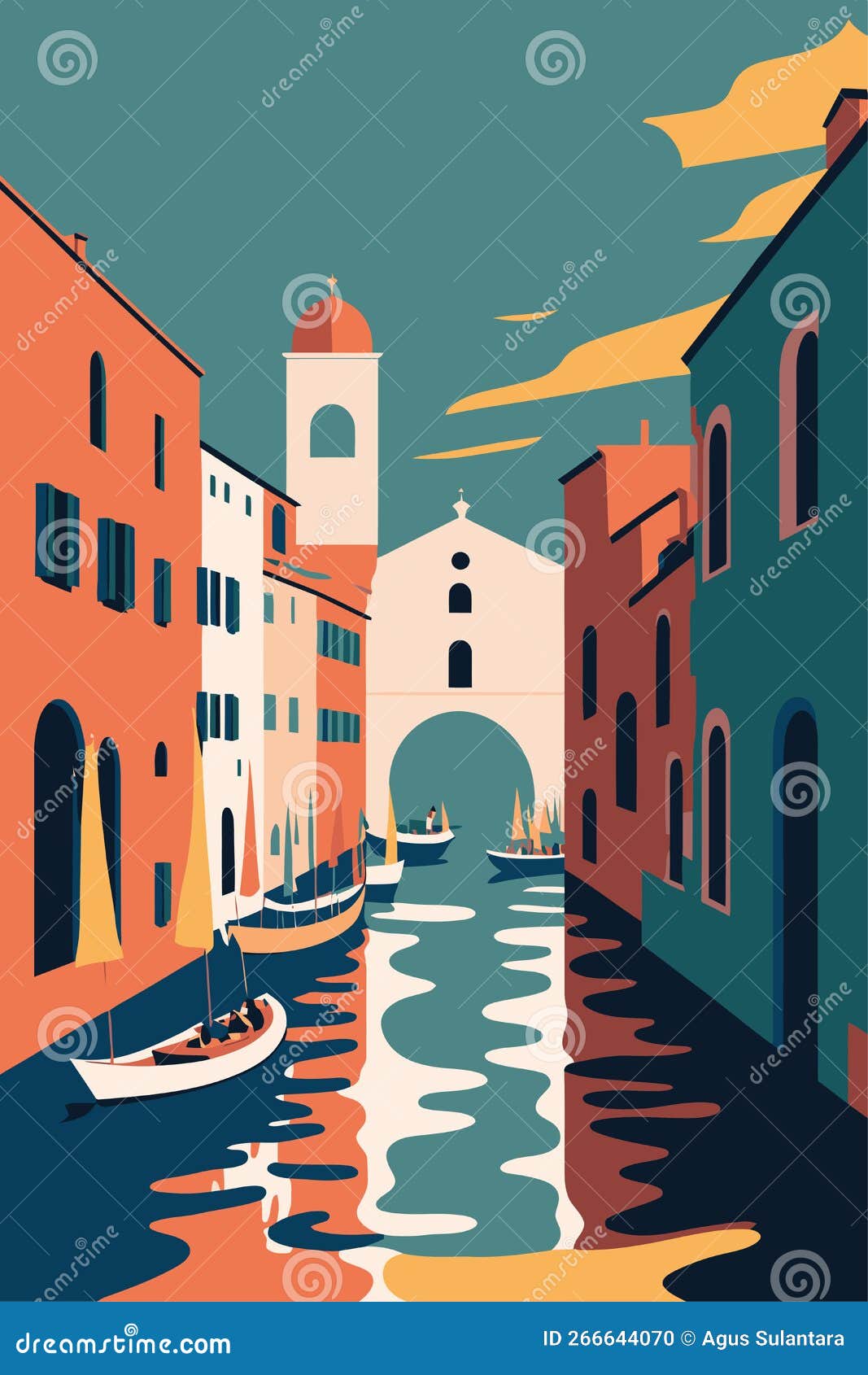 Flat Vector Gondola Venice Grand Canal Italy City Attraction Background